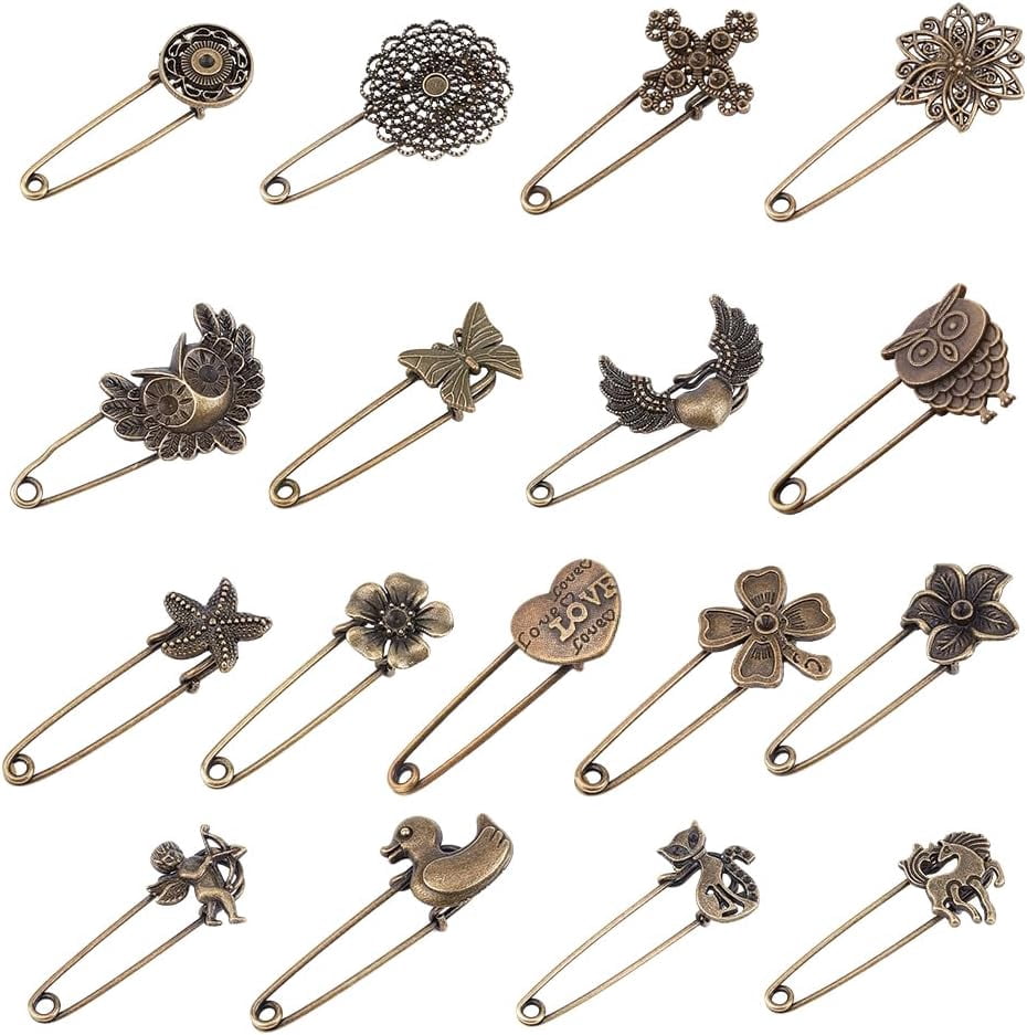 17 Pcs Retro Alloy Safety Brooch Pins Mixed Styles Decorative Tibetan ...