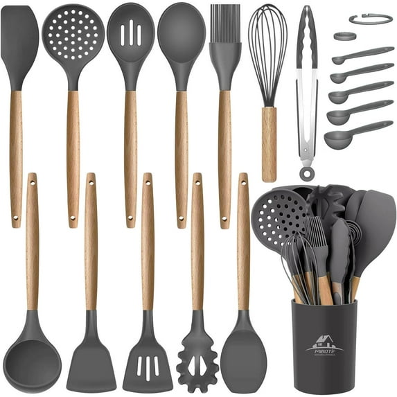 17 Pcs Silicone Cooking Kitchen Utensils Set with Holder, Wooden ...