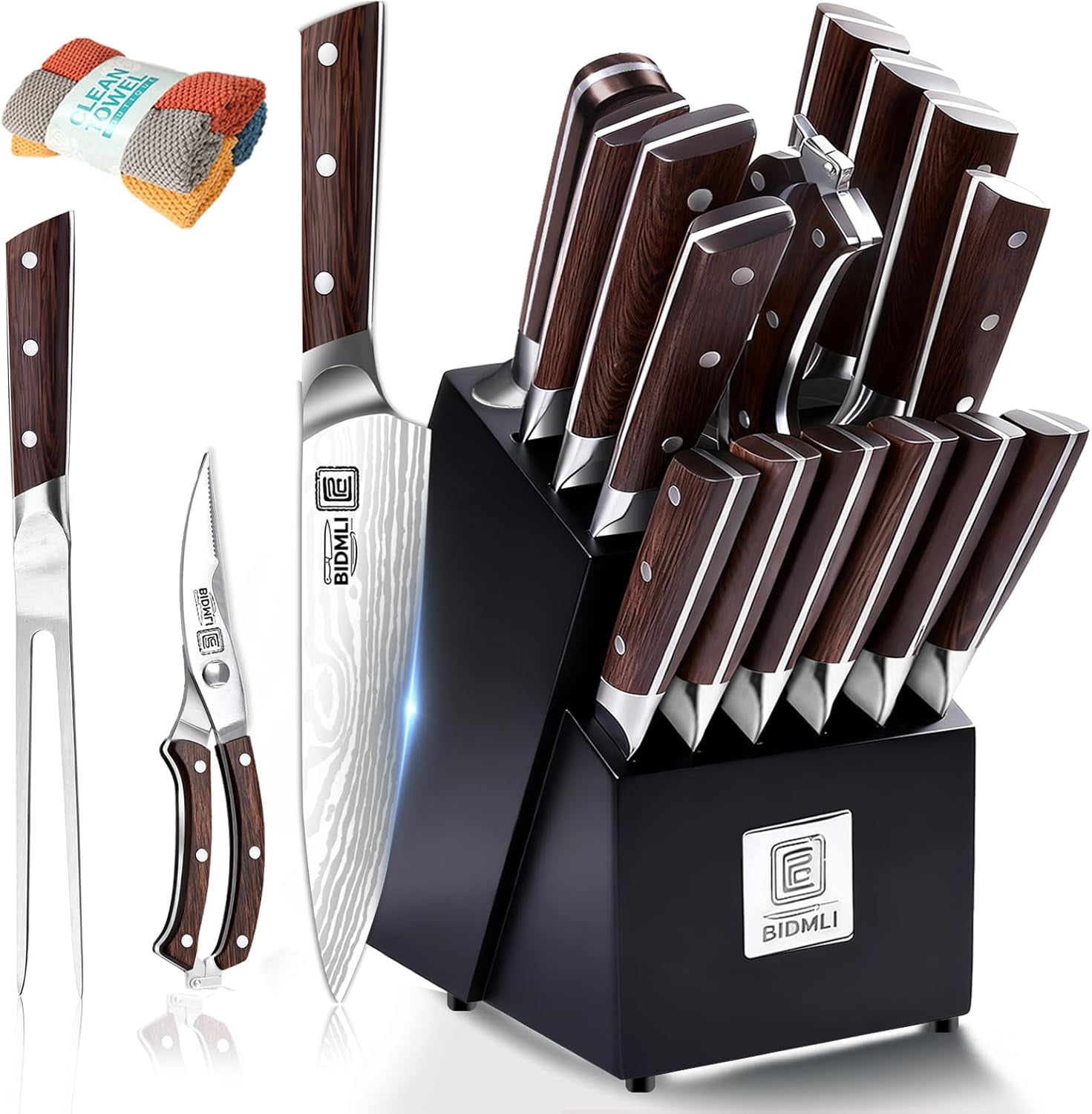 17 Piece Kitchen Knife Set with Wooden Block High Carbon Stainless ...