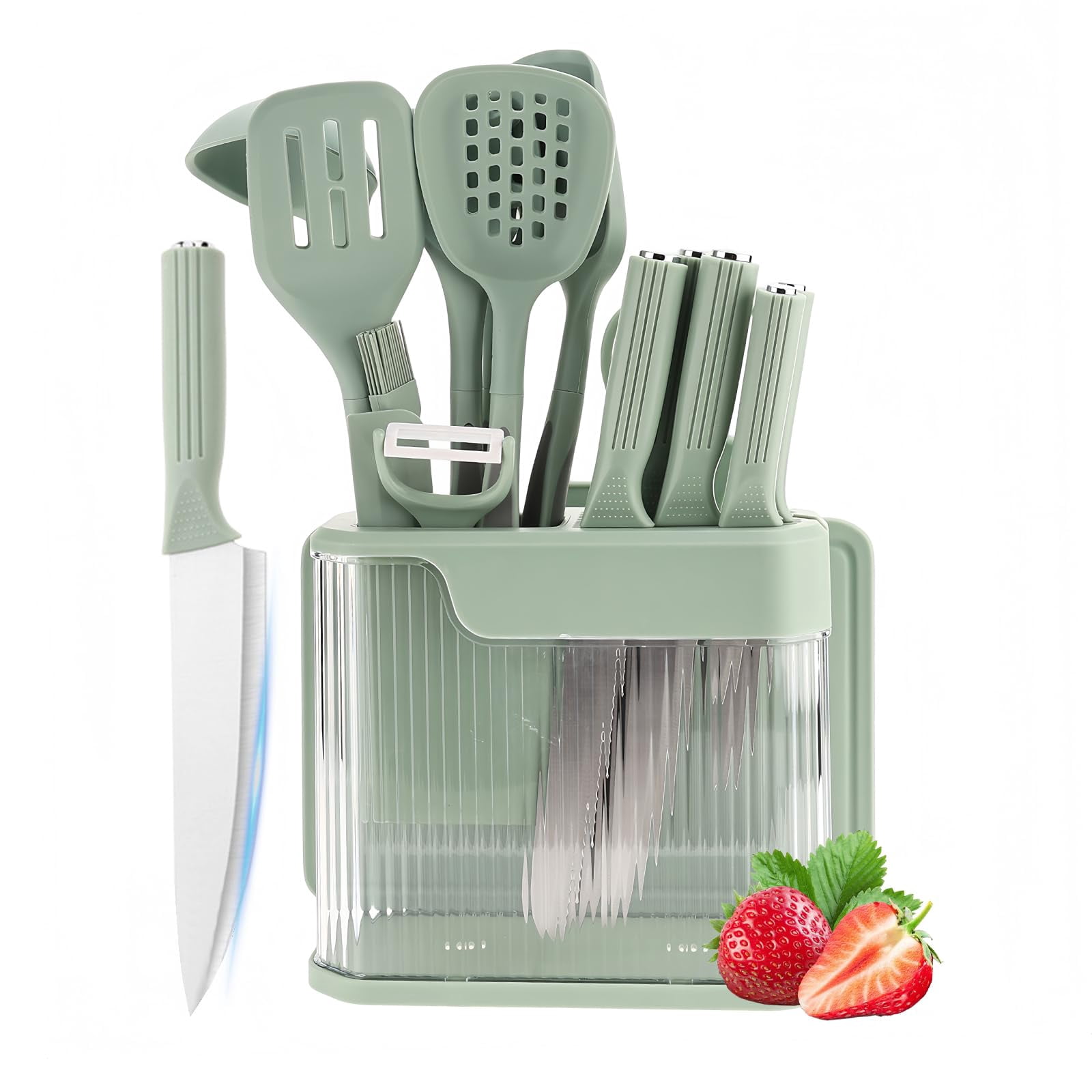 17-Piece Knife Block Set with Built-in Sharpener, Kitchen Utensils Set ...
