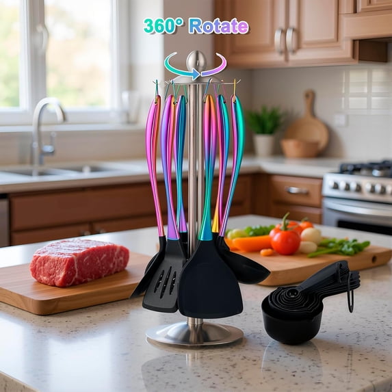 17-Piece Silicone Cooking Utensils Set with Rotatable Holder, Heat ...