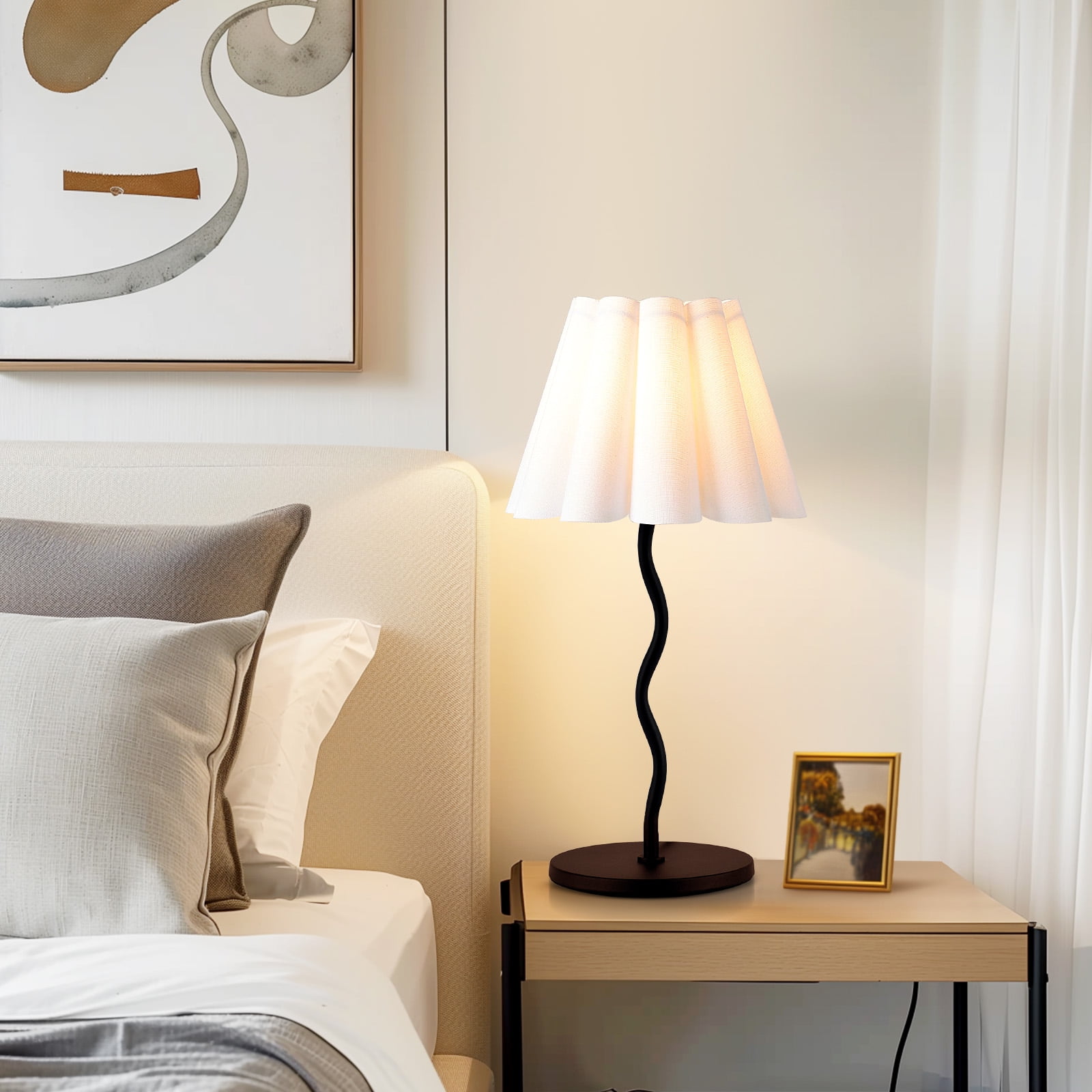 17" Playful Table Lamp, White Umbrella Shade, Cottagecore Nightstand ...