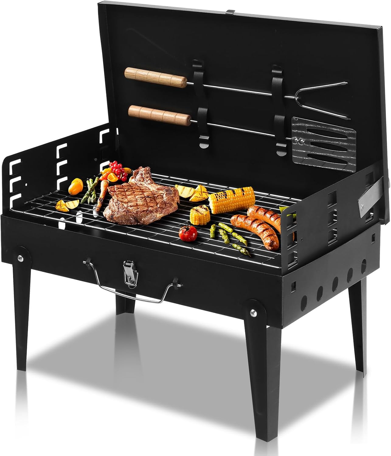 17'' Portable Charcoal Grill Small Barbecue Grill with Lid, Foldable ...