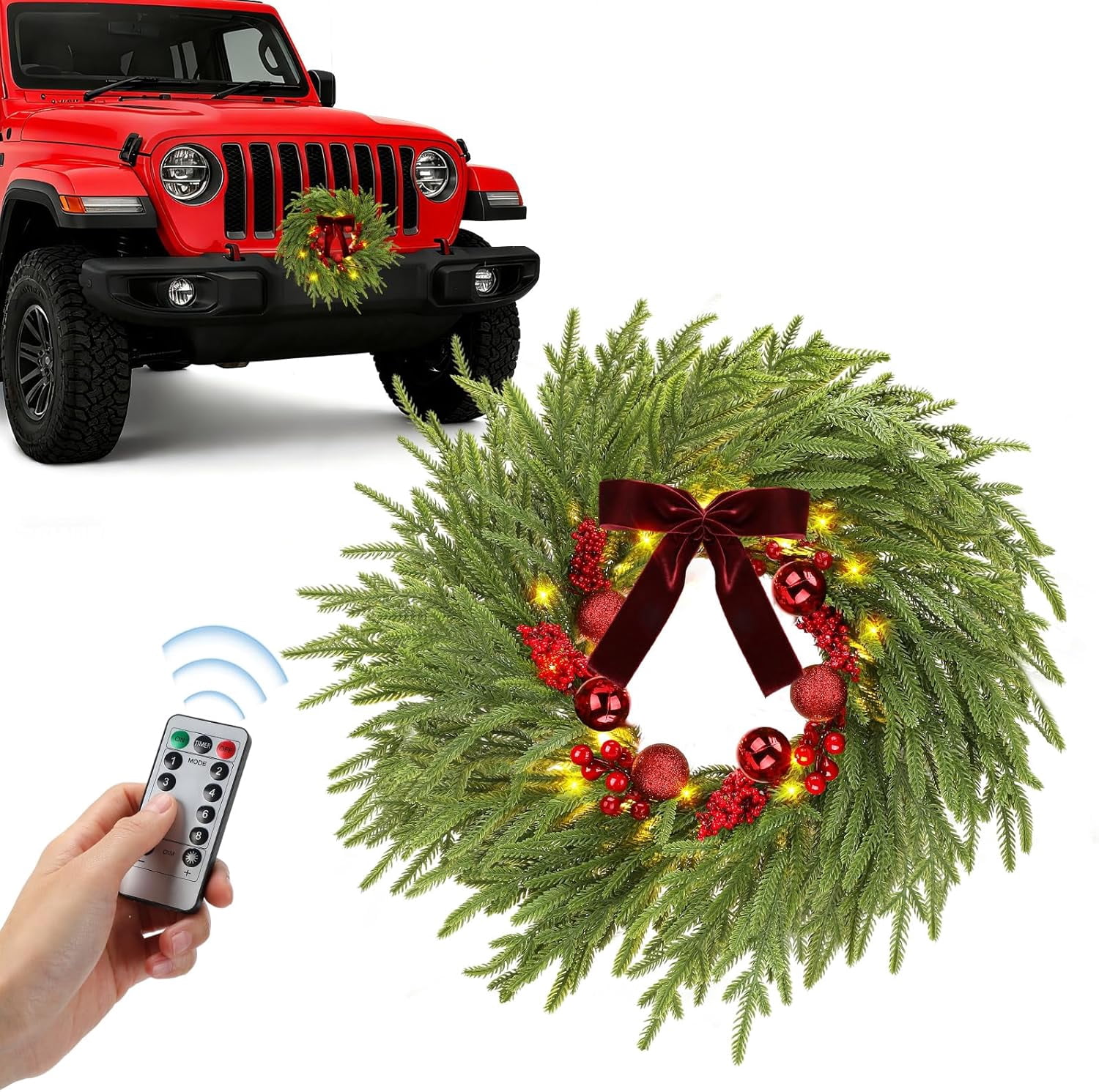 17" Pre-Lit LED Christmas Car Wreath Decoration - Pine Christmas Wreath ...