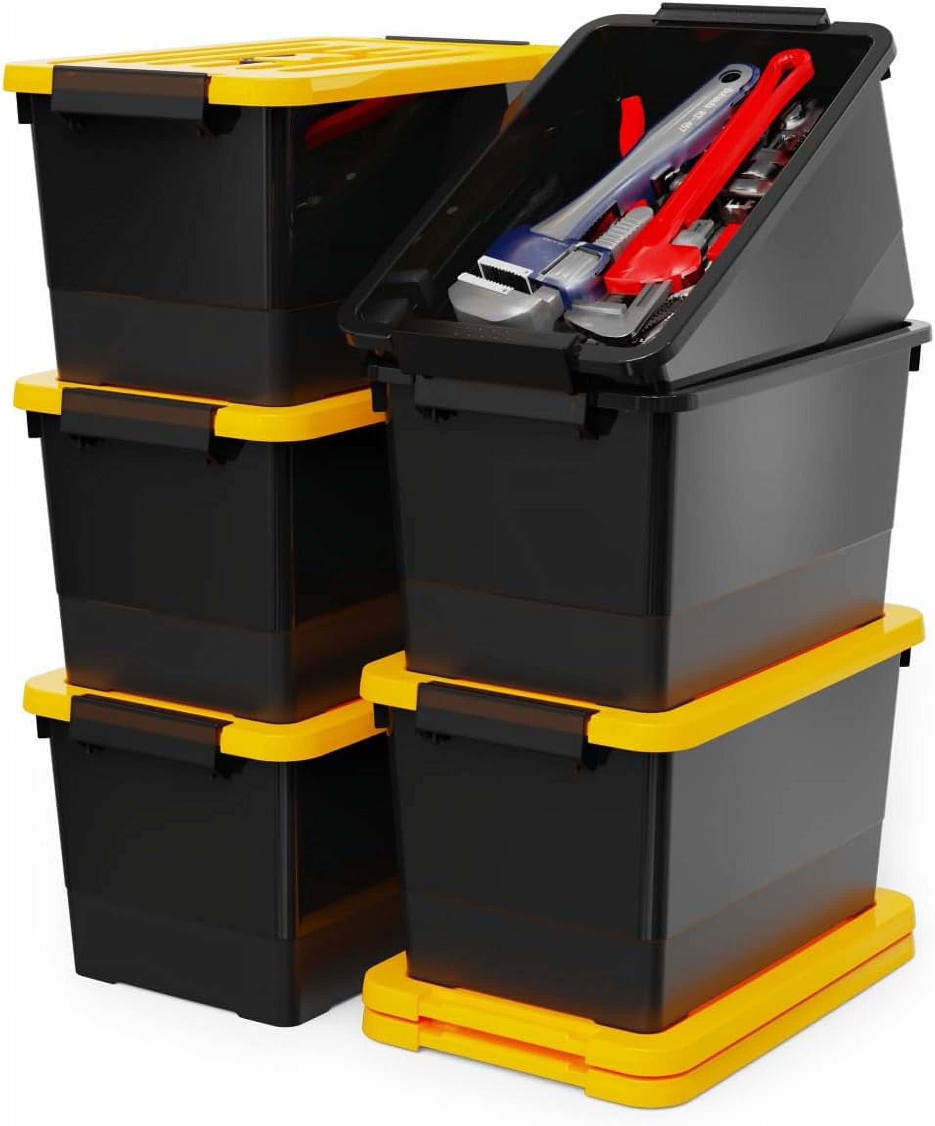 17 Quart Stackable Plastic Storage Bins with Yellow Lids, 6 Pack Black ...