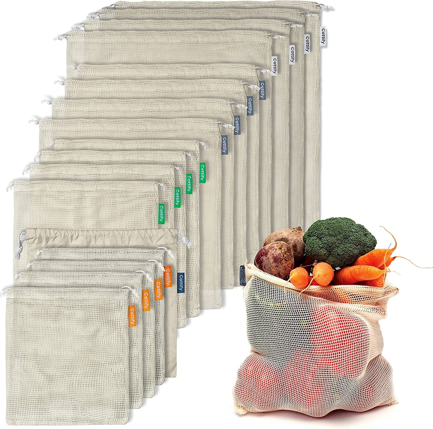 17 Reusable Cotton Mesh Produce Bags - 100% Organic Cotton, Durable ...