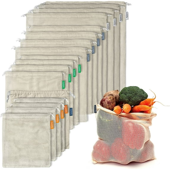 17 Reusable Cotton Mesh Produce Bags - 100% Organic Cotton, Durable ...