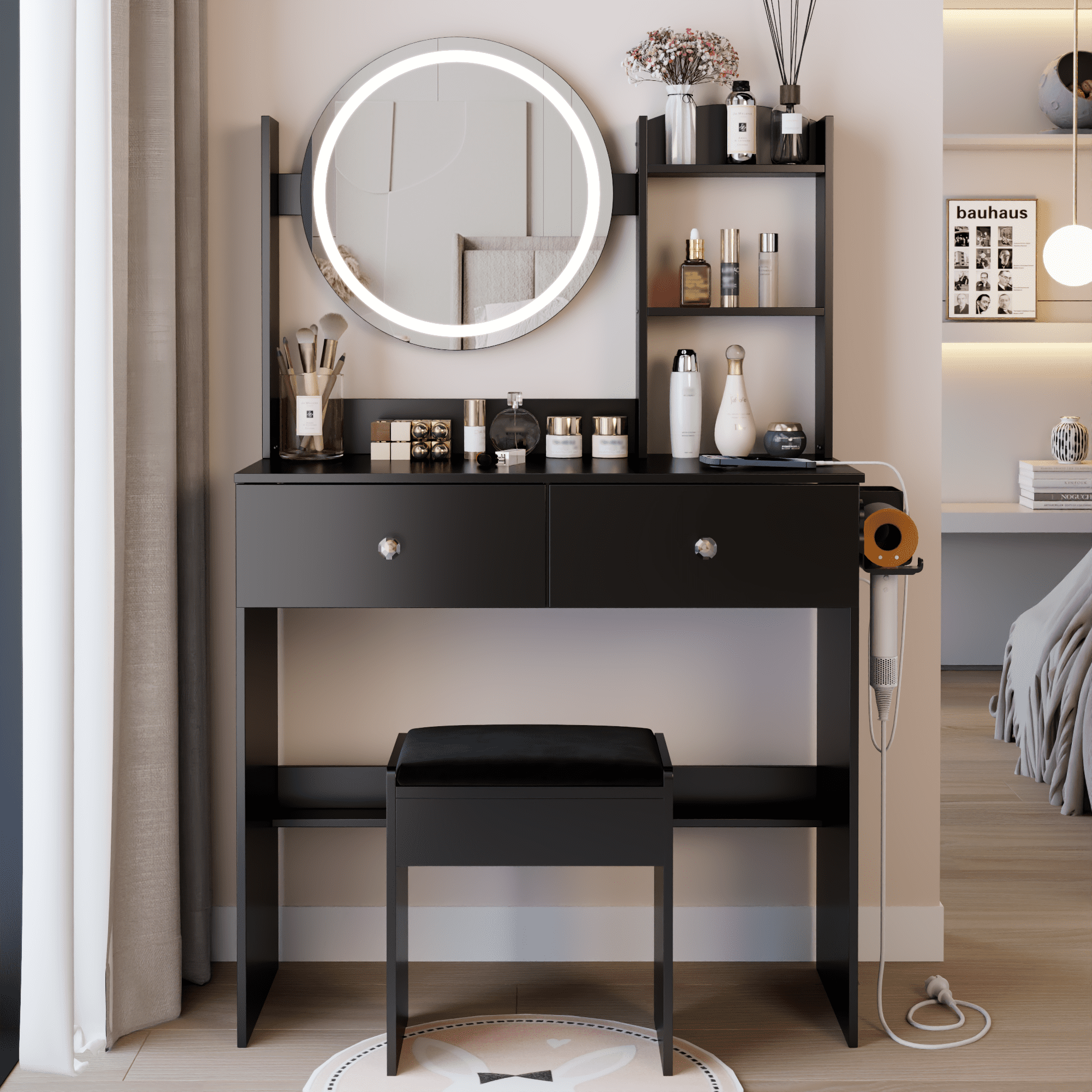 17" Round LED Mirror Vanity Table+Cushioned Stool, Equipped With 2 AC+2 ...