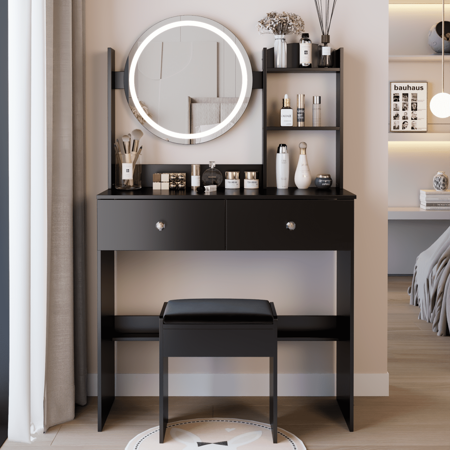 17” Round LED Mirror Vanity Table + Soft Cushion Stool Set Large Mirror ...