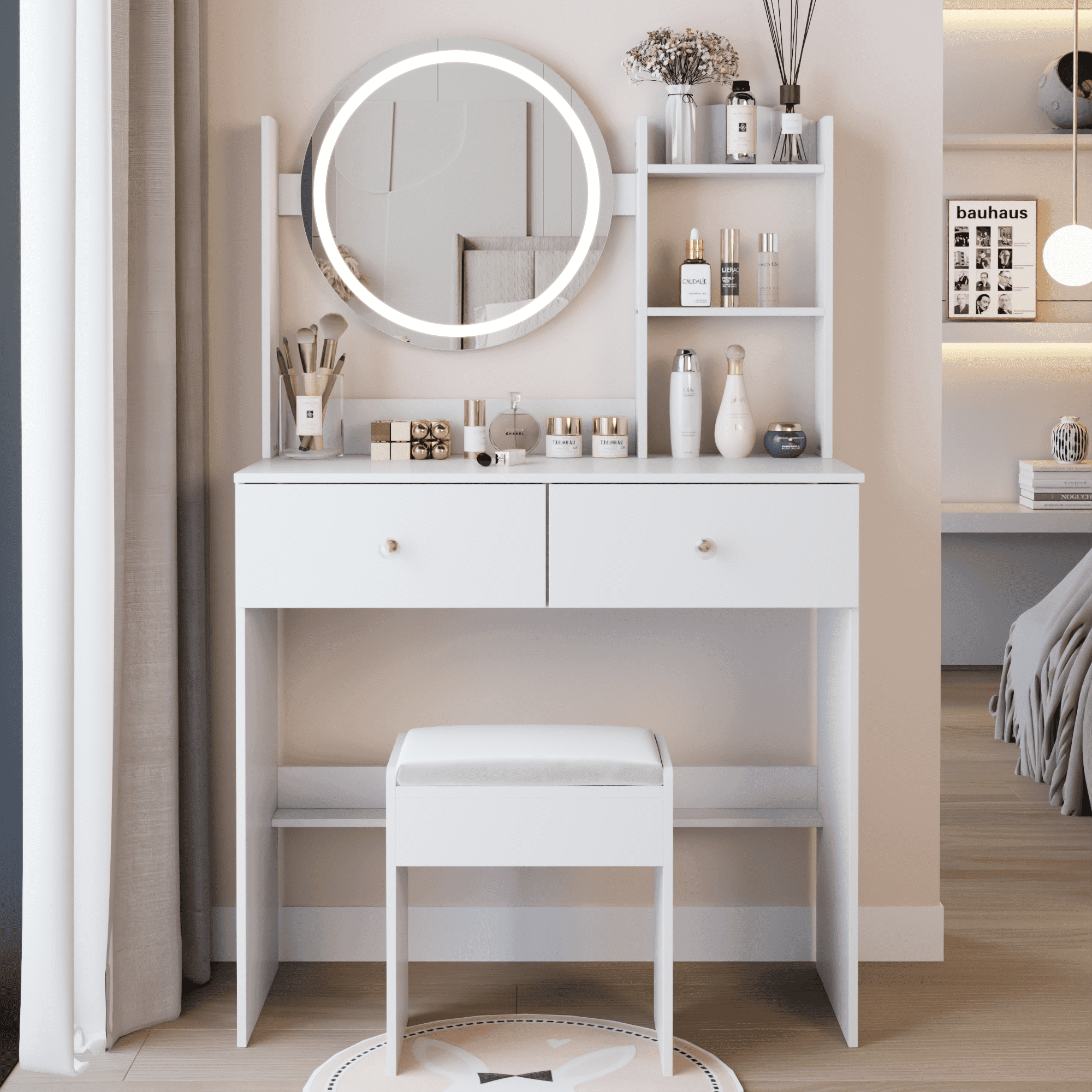 17" Round LED Mirror Vanity Table with Soft Cushion Stool Suit, Large ...