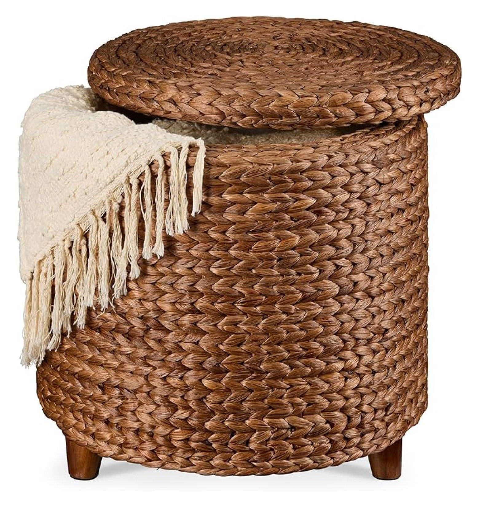 17" Round Storage Ottoman W/Lid, Handwoven Water Hyacinth Footstool ...