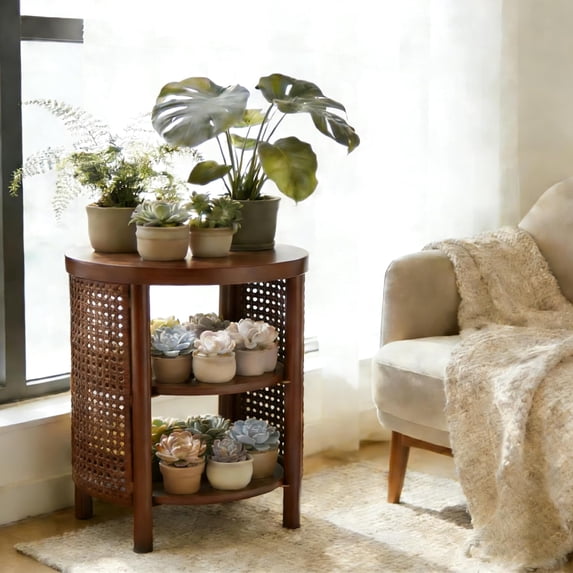 17" Round Wood Plant Stand Indoor, 3-Tiers Iron Rattan Accent Plant ...