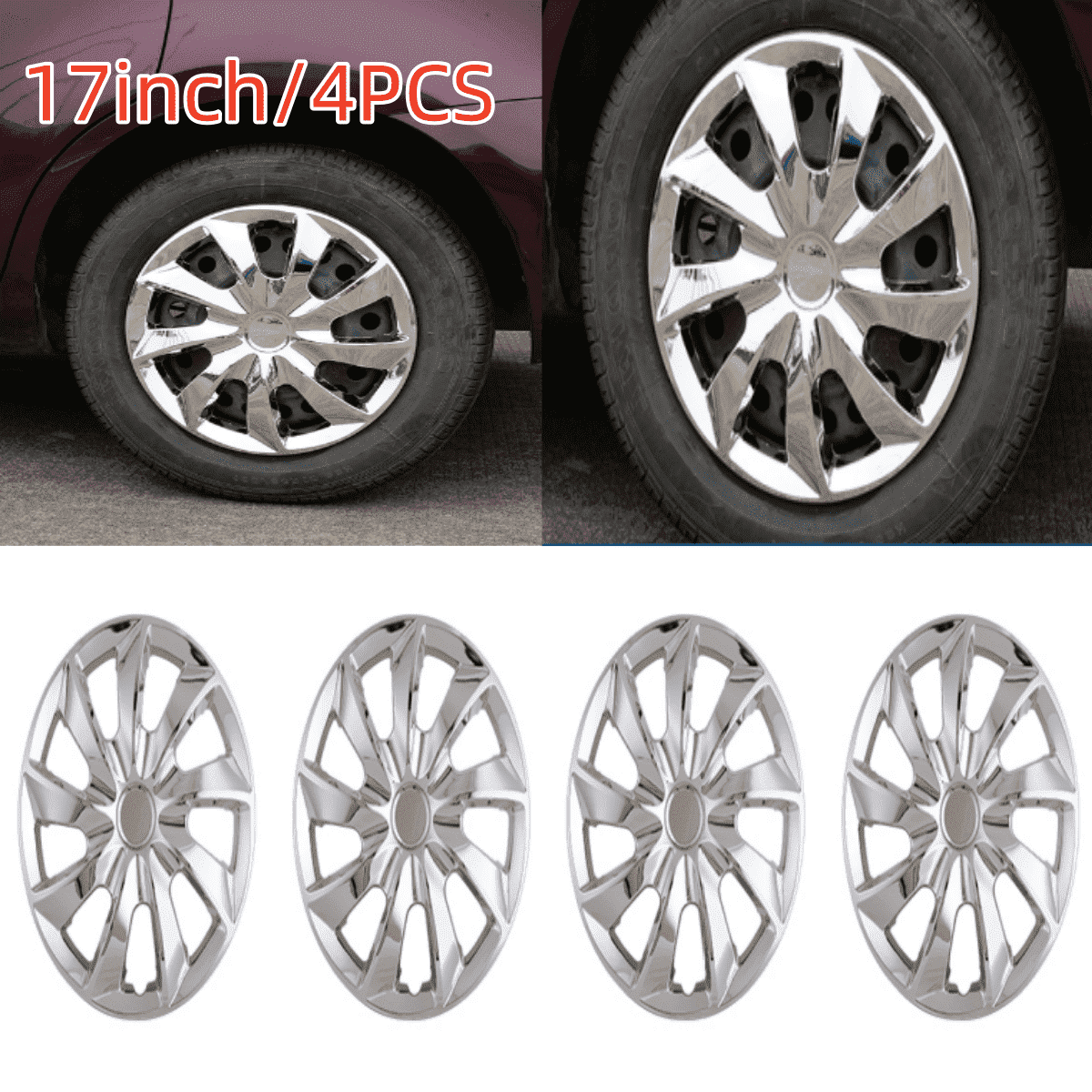 17" Silver Hubcaps/Wheel Covers for Most Cars,Set of 4 Snap on Car ...