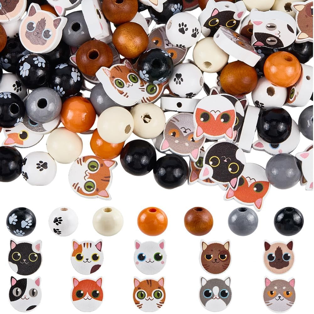 17 Styles 200PCS Cat Wood Beads with Hole Wooden Kitten Paw Footprint ...