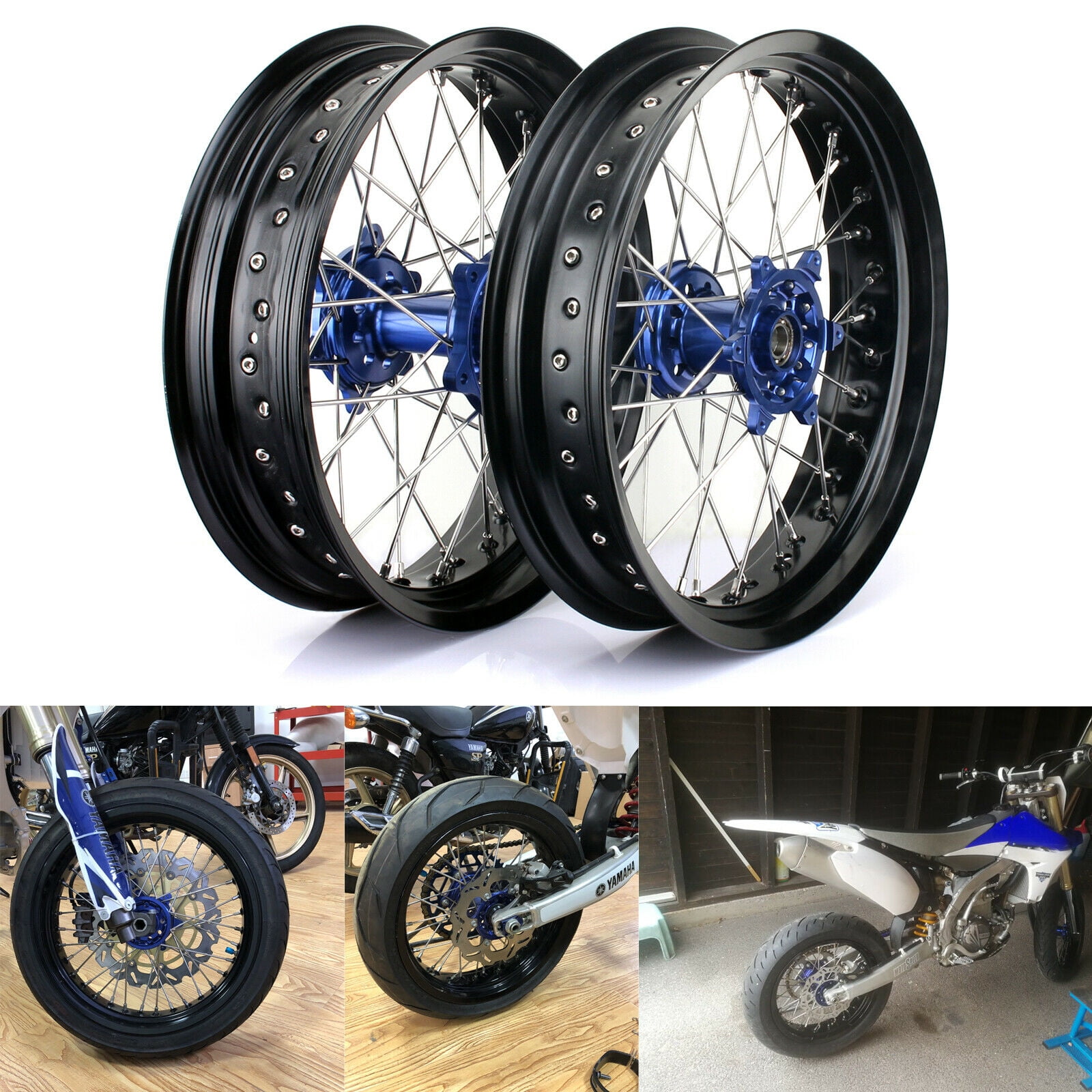 17" Supermoto Front Rear Wheels Rims Blue Hubs for Yamaha YZ 125 250 ...