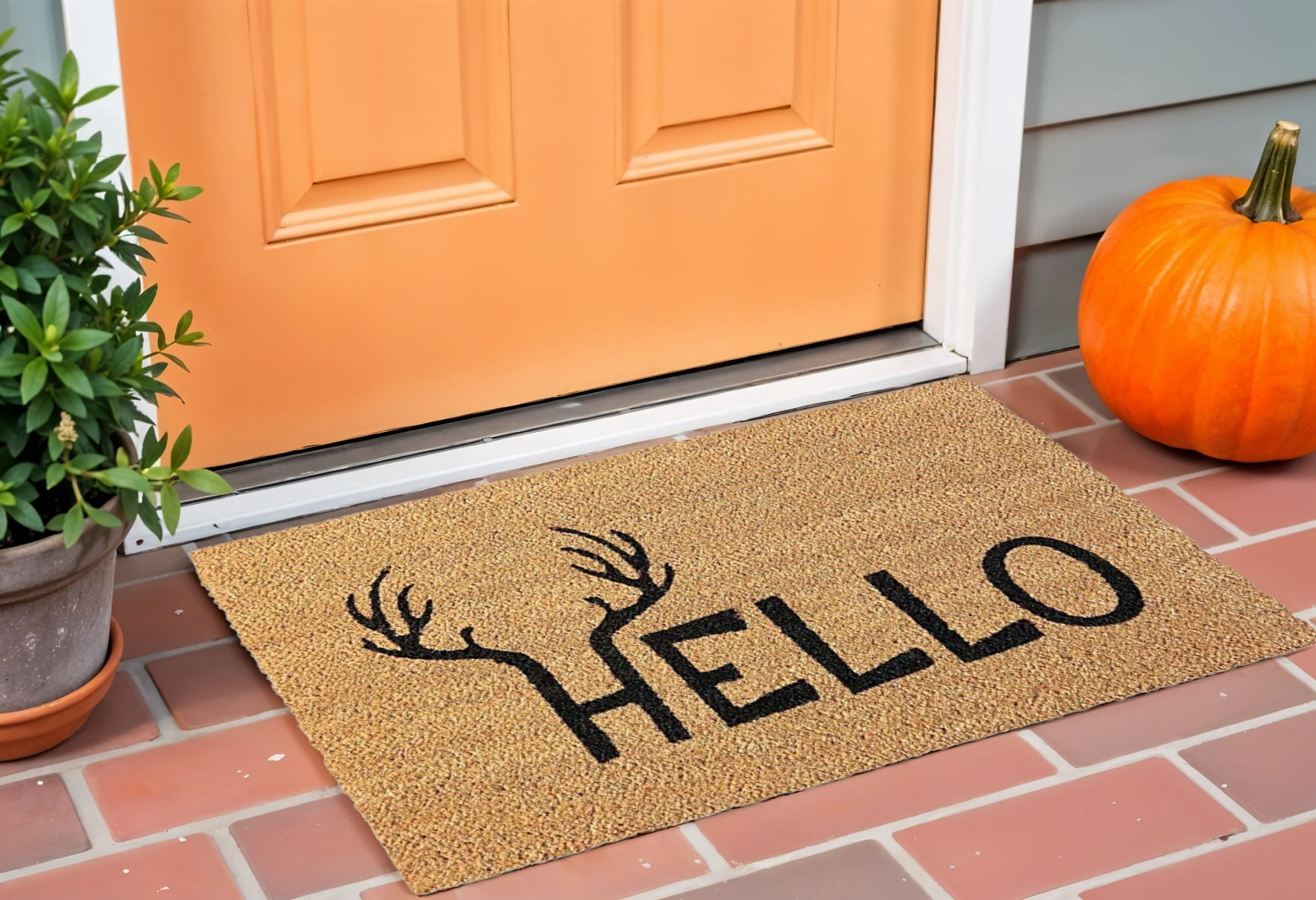 17" X 29" Natural And Black Hello With Antlers Coir Outdoor Door Mat ...