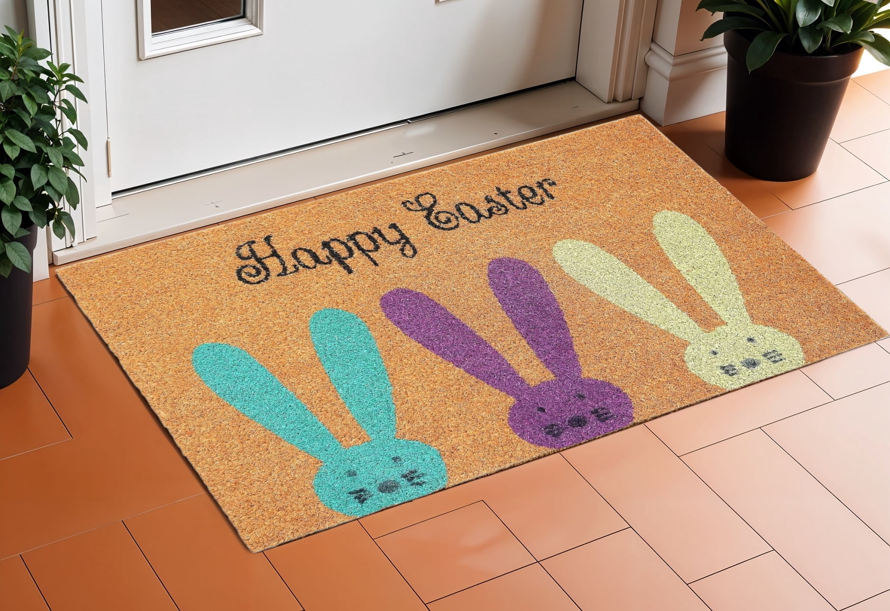 17" X 29" Natural Aqua And Purple Bunny Happy Easter Coir Outdoor Door ...