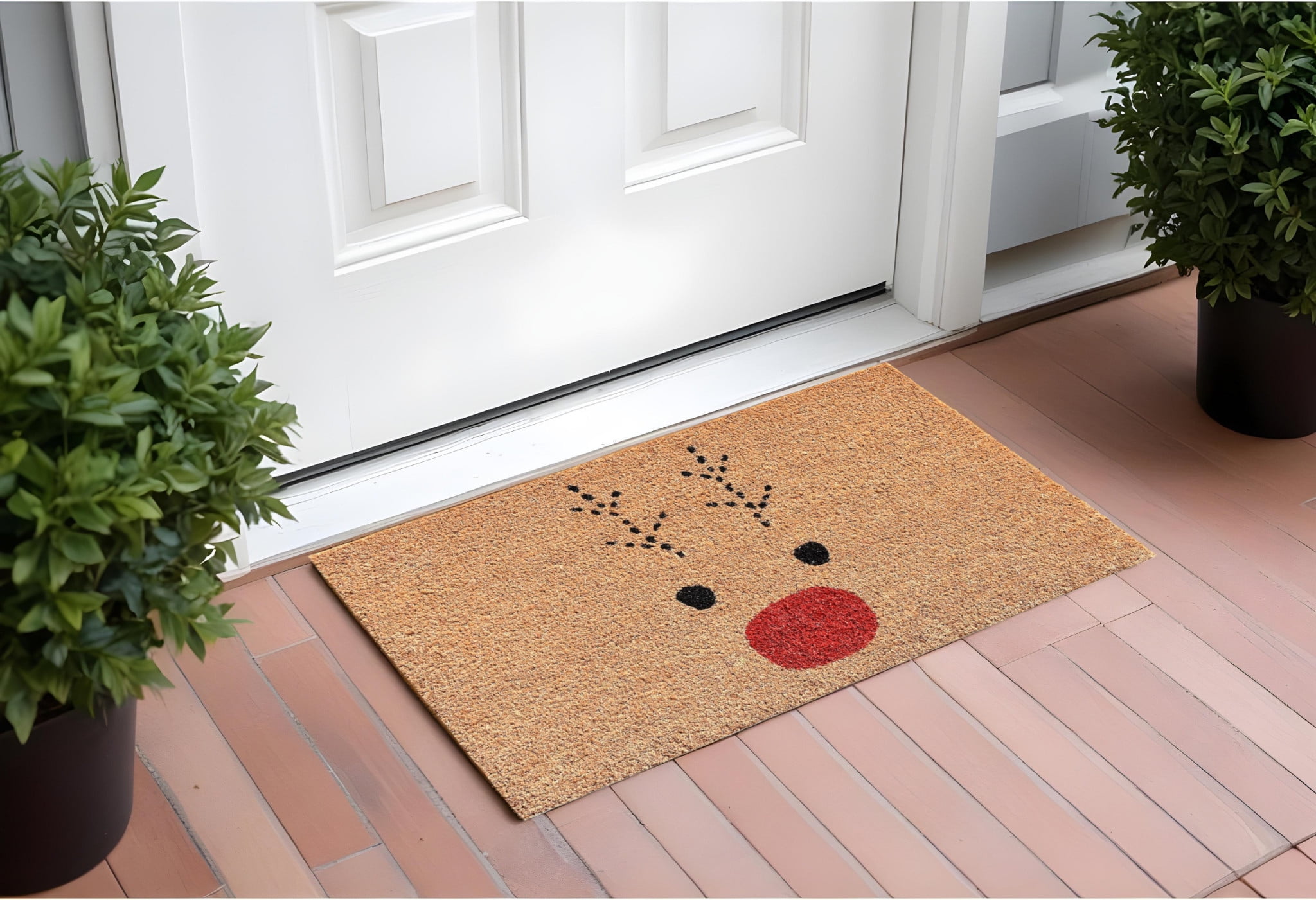 17" X 29" Natural Black and Red Coir Reindeer Outdoor Christmas Door ...