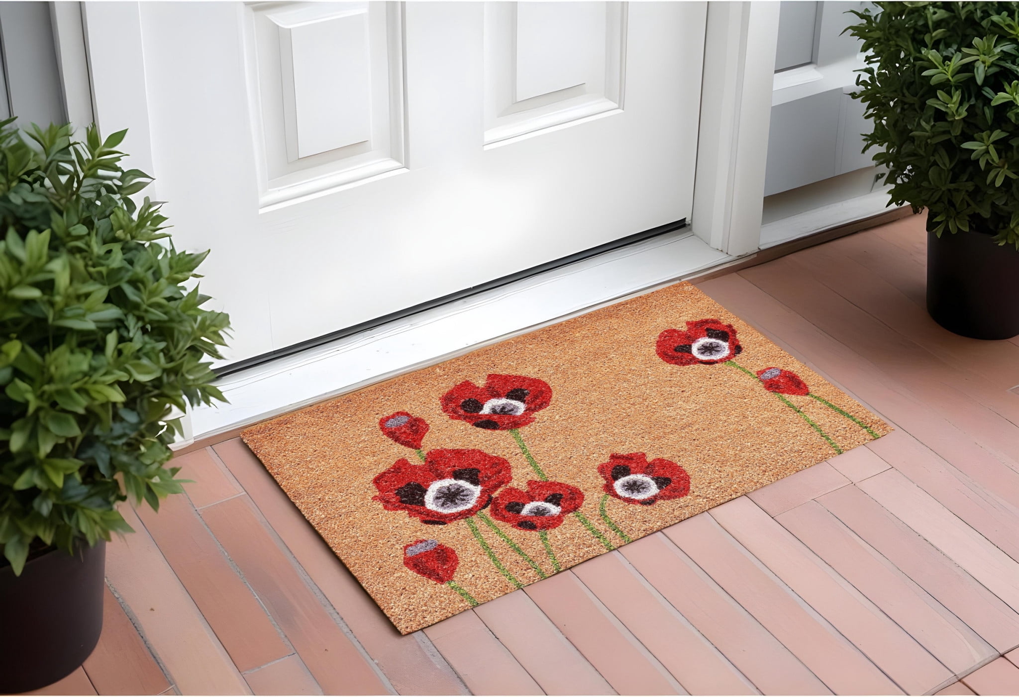 17" X 29" Natural Red and Black Coir Floral Outdoor Door Mat - Walmart.com
