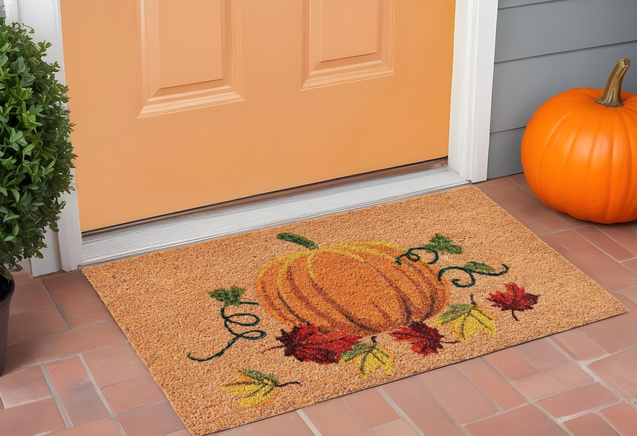 17" X 29" Natural and Orange Coir Pumpkin Outdoor Fall Door Mat ...