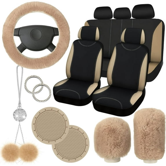 17 count Seat Cover Full Set for Women Fluffy Fuzzy Accessories Christmas Front Rear Fleece ...