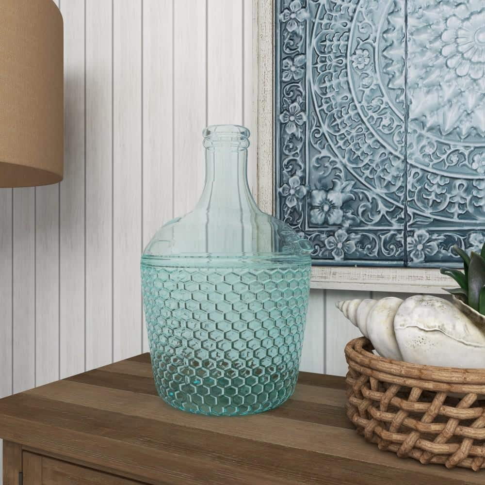 17 in. Blue Spanish Recycled Glass Decorative Vase with Bubble Texture ...
