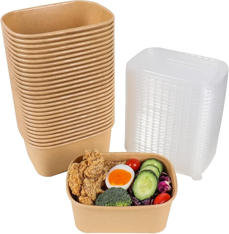 17 oz Disposable Kraft paper bowls with lids, Rectangle Food containers ...