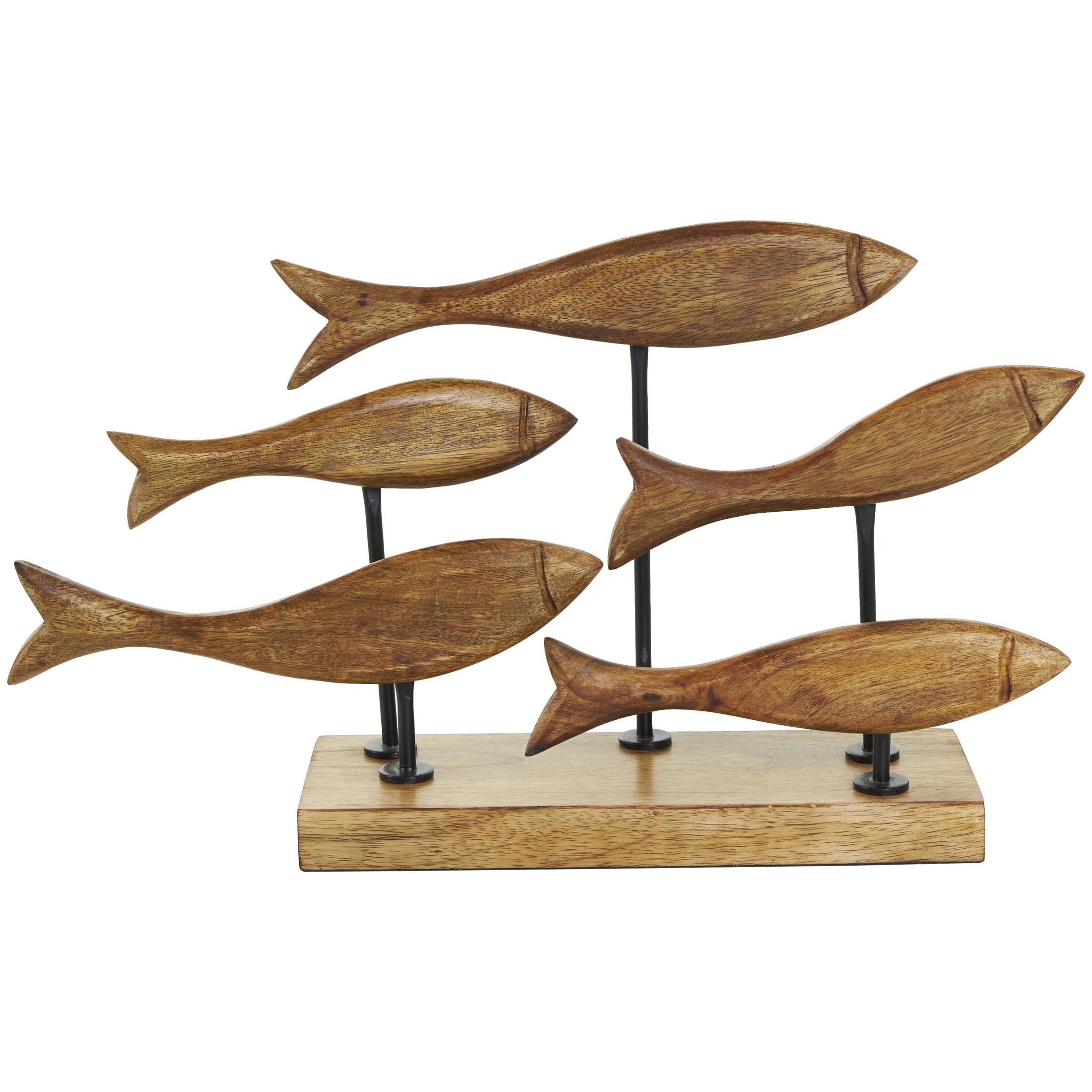 17" x 10" Brown Mango Wood Handmade Carved Fish Sculpture with Freeform ...
