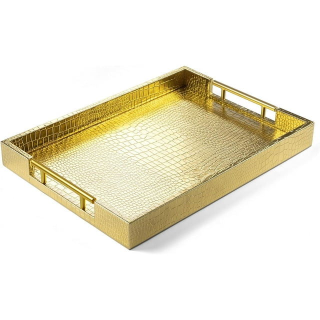 17" x 12" Wood Serving Tray with Gold Polished Metal Handles, Home ...