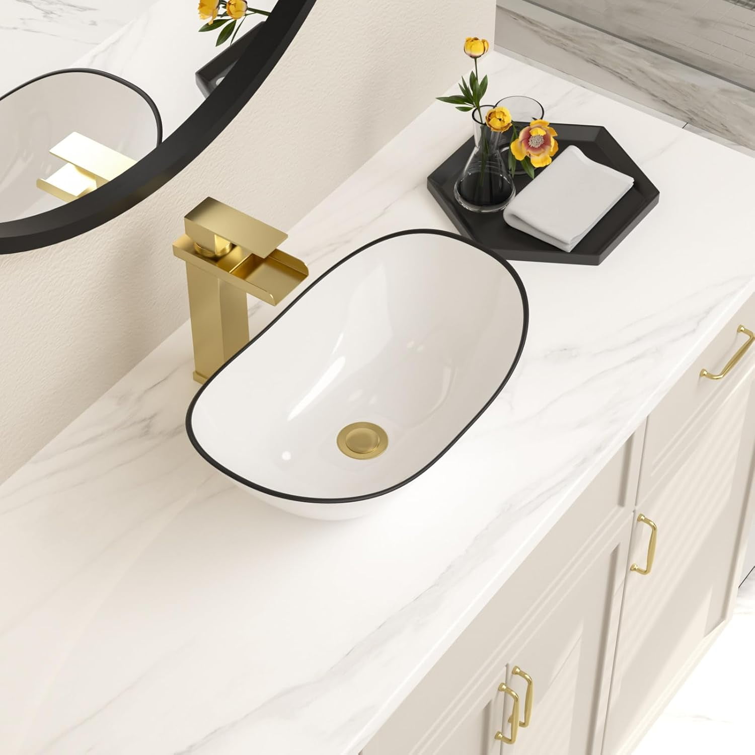 17"x11" Oval White Vessel Sink with Black Rim for Bathrooms - Modern ...