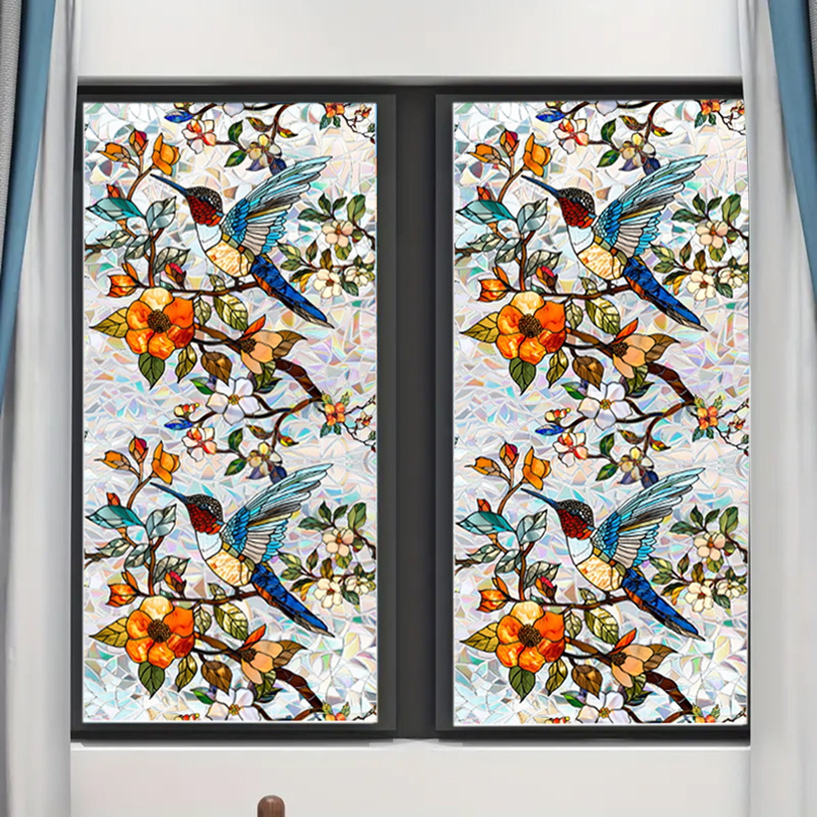 17"x39.37" Window Film, Stained Glass Decals Colorful Floral Privacy ...