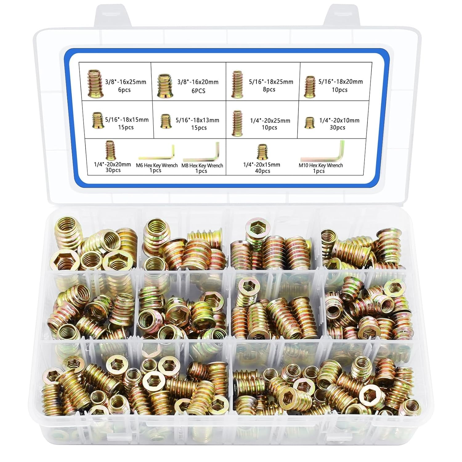 170 PCS Threaded Inserts Nuts, 10 Sizes-1/4"-20, 5/16"-18, 3/8"-16 Wood ...