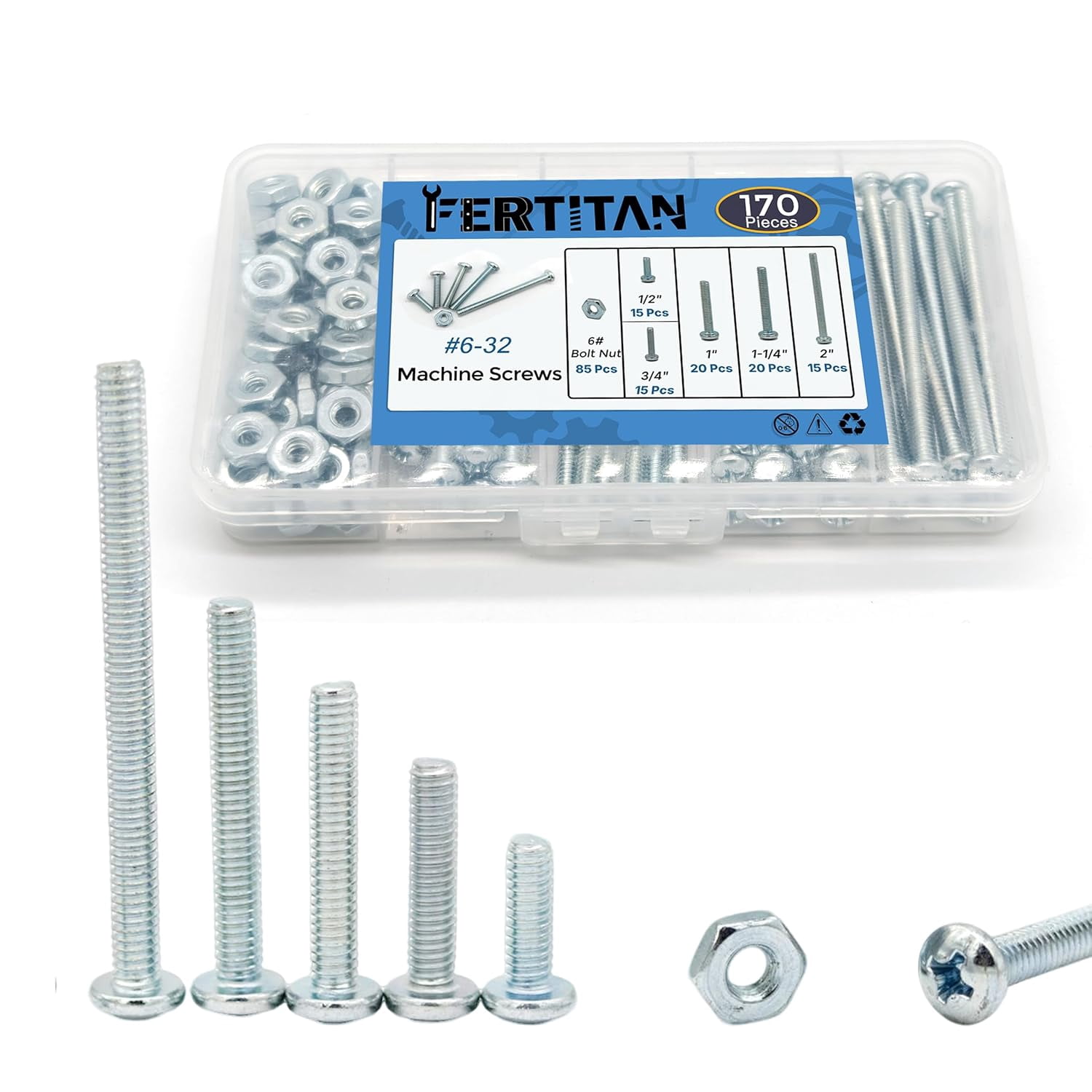 170-Piece #6-32 Machine Screws Assortment Kit – Zinc-Plated Carbon ...