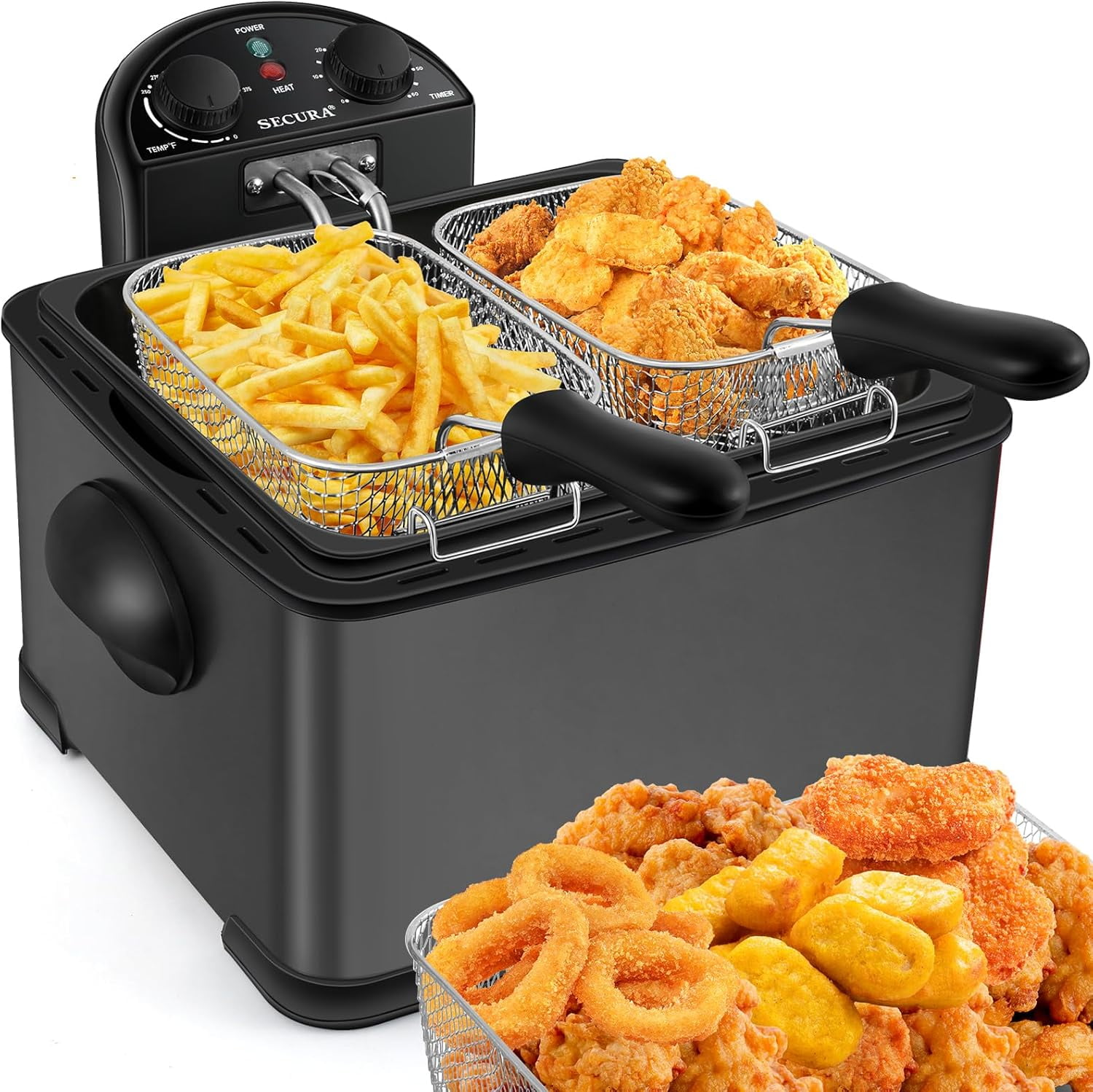 1700-Watt Stainless-Steel Triple Basket Electric Deep Fryer with Timer ...