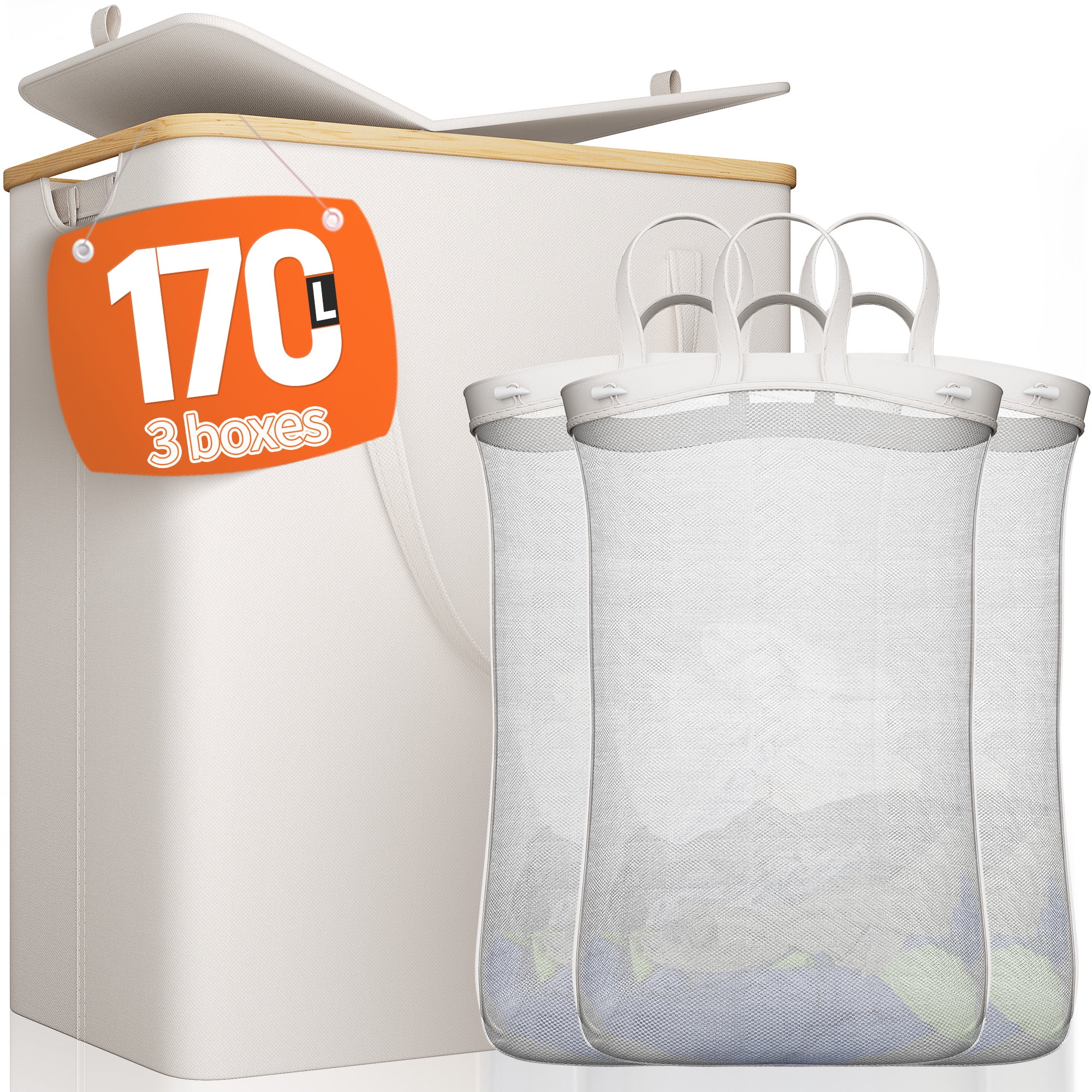 170L Freestanding Clothes Hamper 3 Section, Large Laundry Basket with Lid for Laundry Room ...