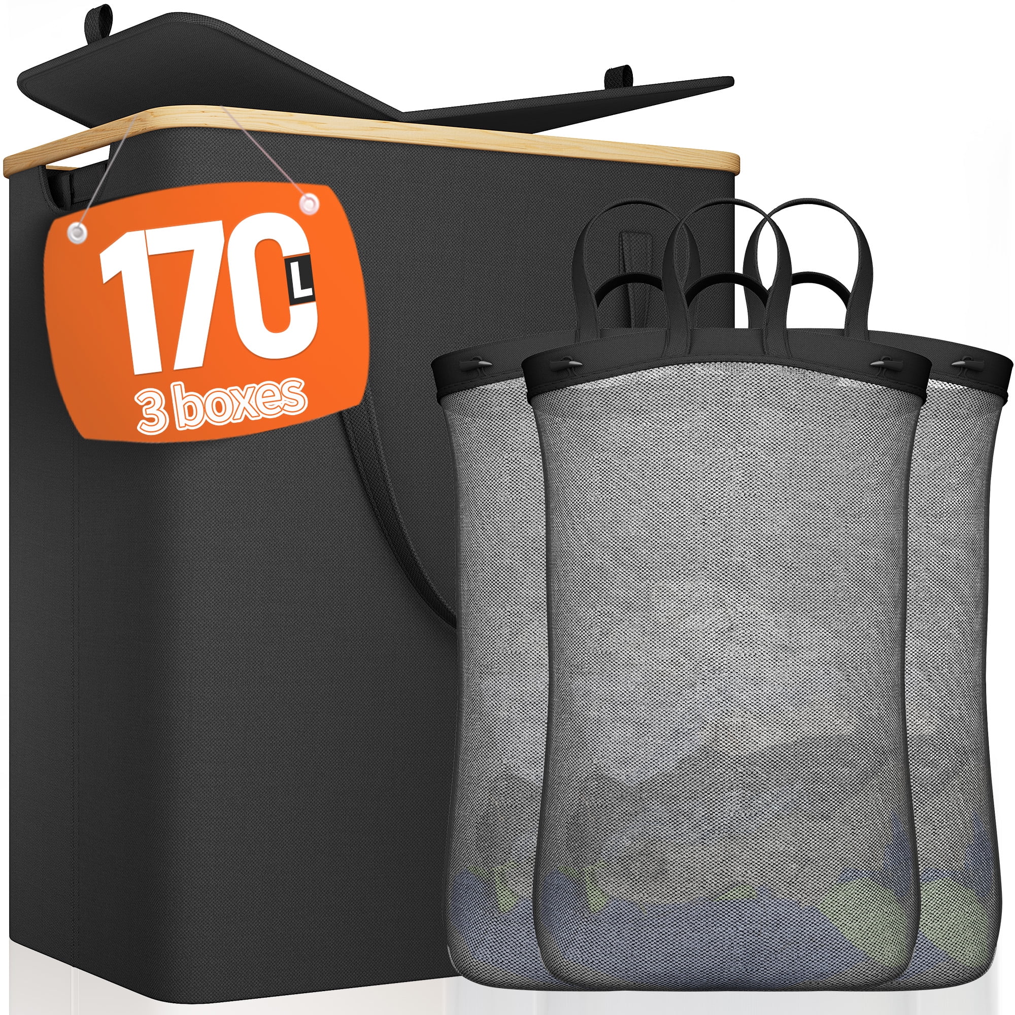 170L Collapsible Laundry Hamper 3 Section, Freestanding Laundry Basket ...