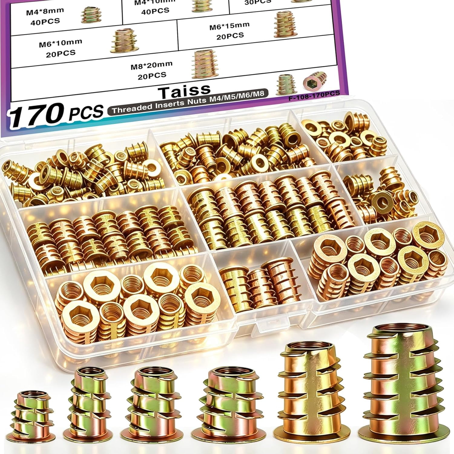 170PCS Threaded Inserts Nuts,6 Sizes Wood Threaded Insert Kit,Furniture ...