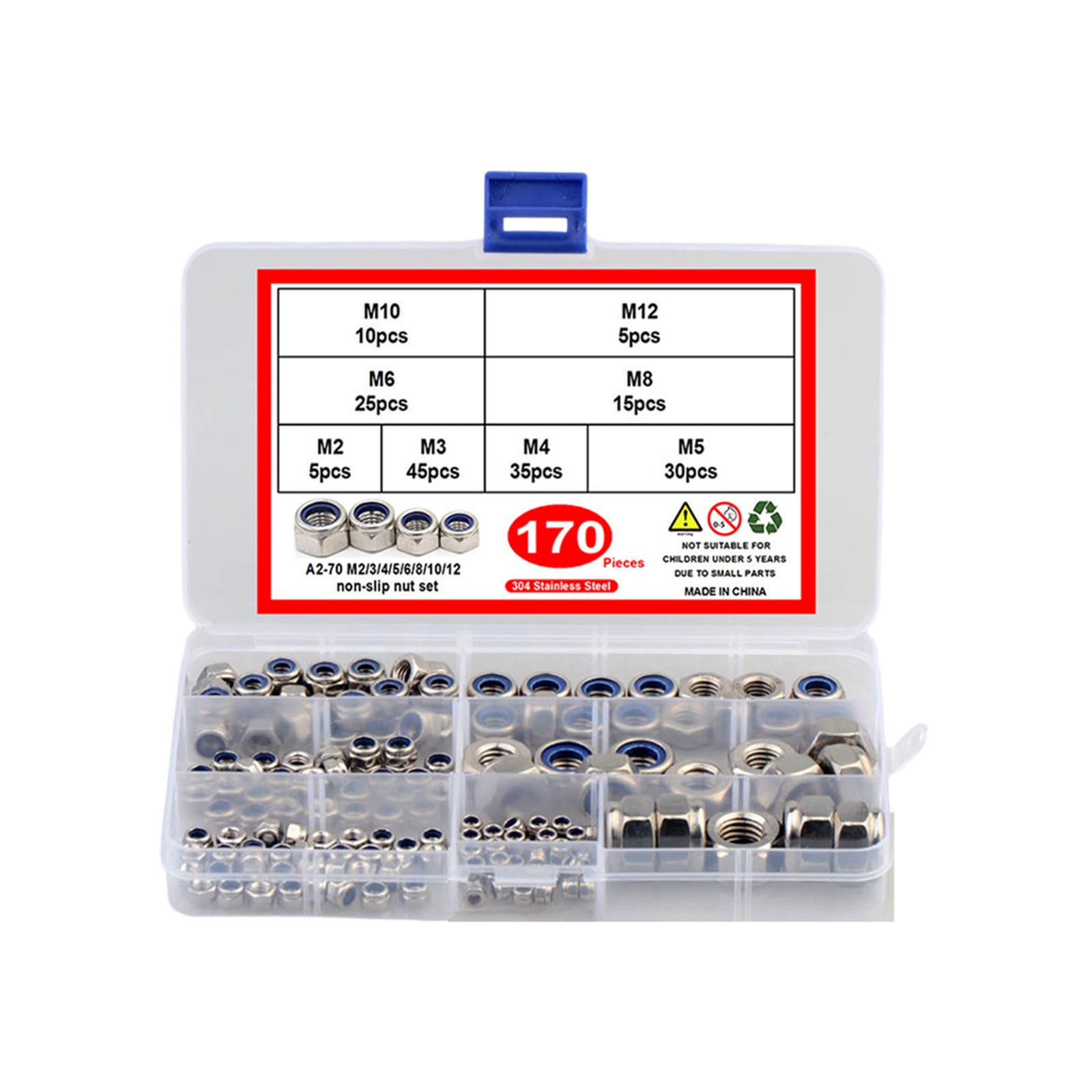 170Pcs 304 Stainless Steel Metric Lock Nut Kit Nylon Inserts Hex Lock ...