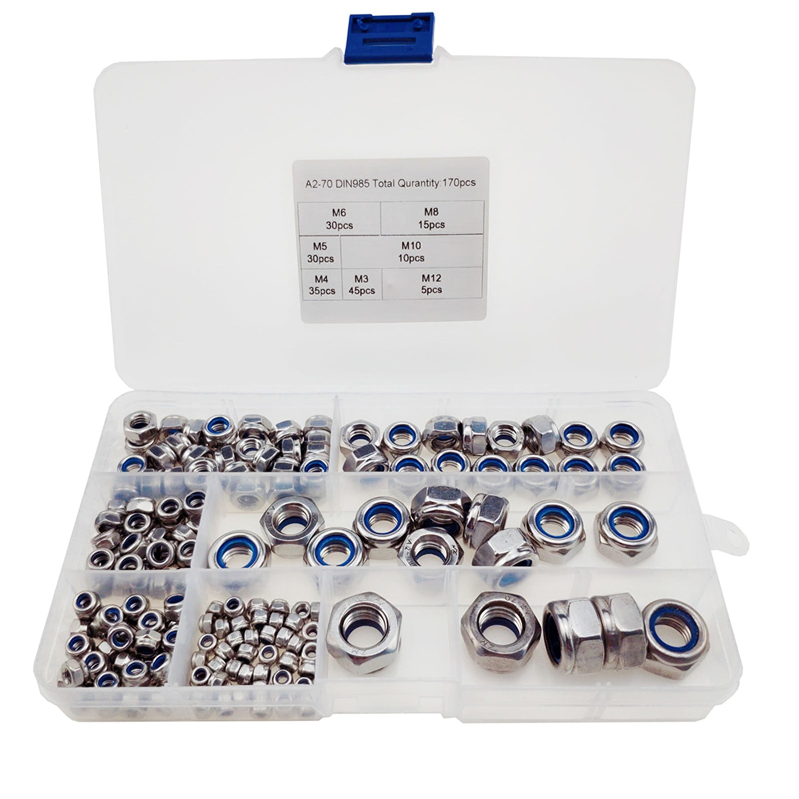 170Pcs 304 Stainless Steel Metric Lock Nut Kit Nylon Inserts Hex Lock ...