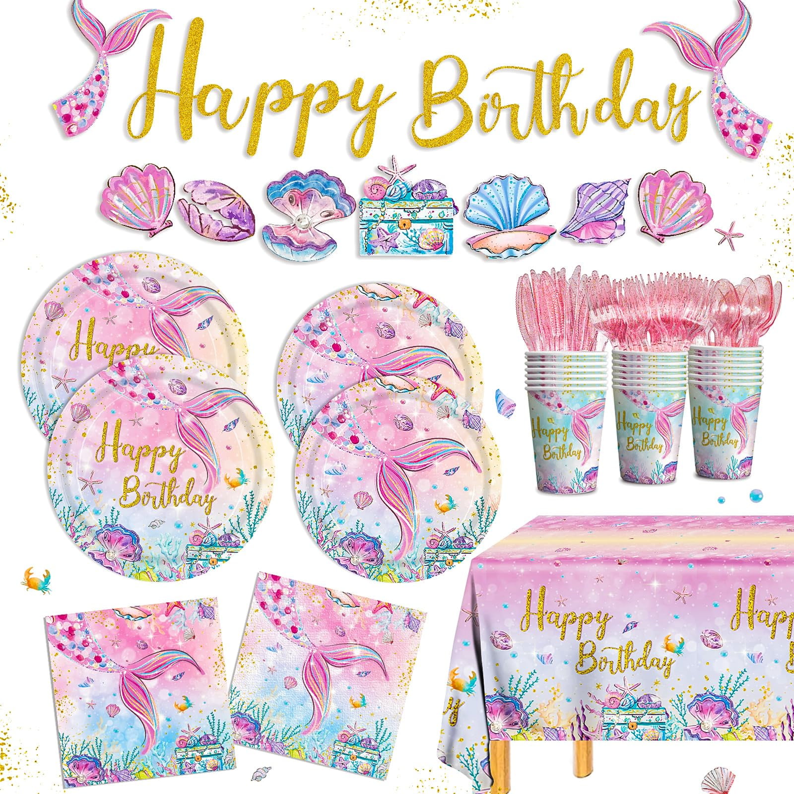170pcs Mermaid Birthday Party IFF17 Supplies Paper Plates Napkins Under ...