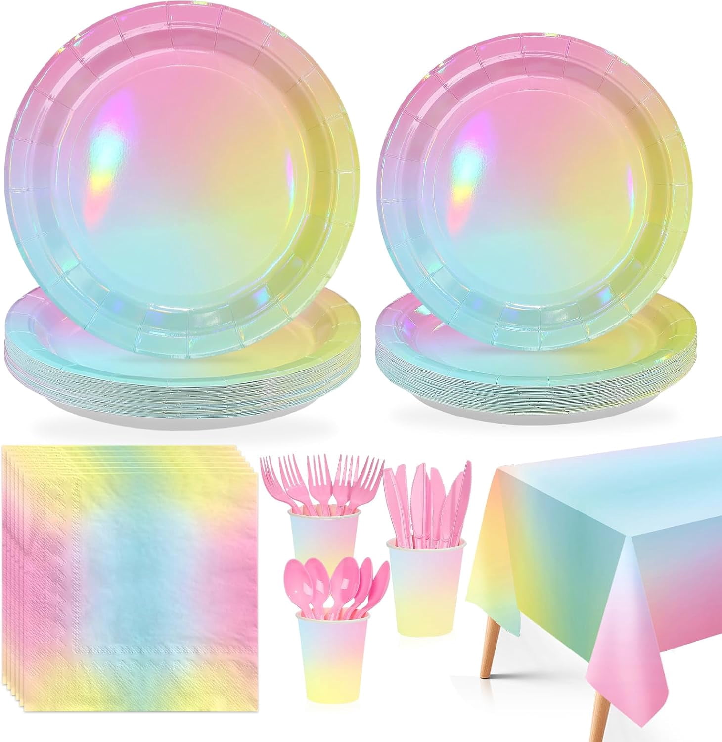 170pcs Pastel Rainbow Birthday Party Supplies Iridescent Pastel Plates ...