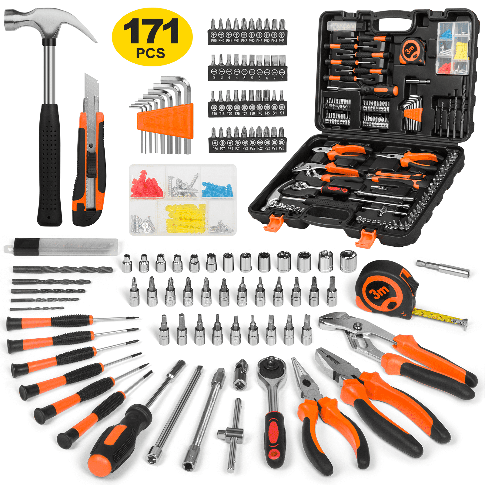 171 Piece Household Tool Kit/Mechanics Tool Set, Socket Wrench Auto ...