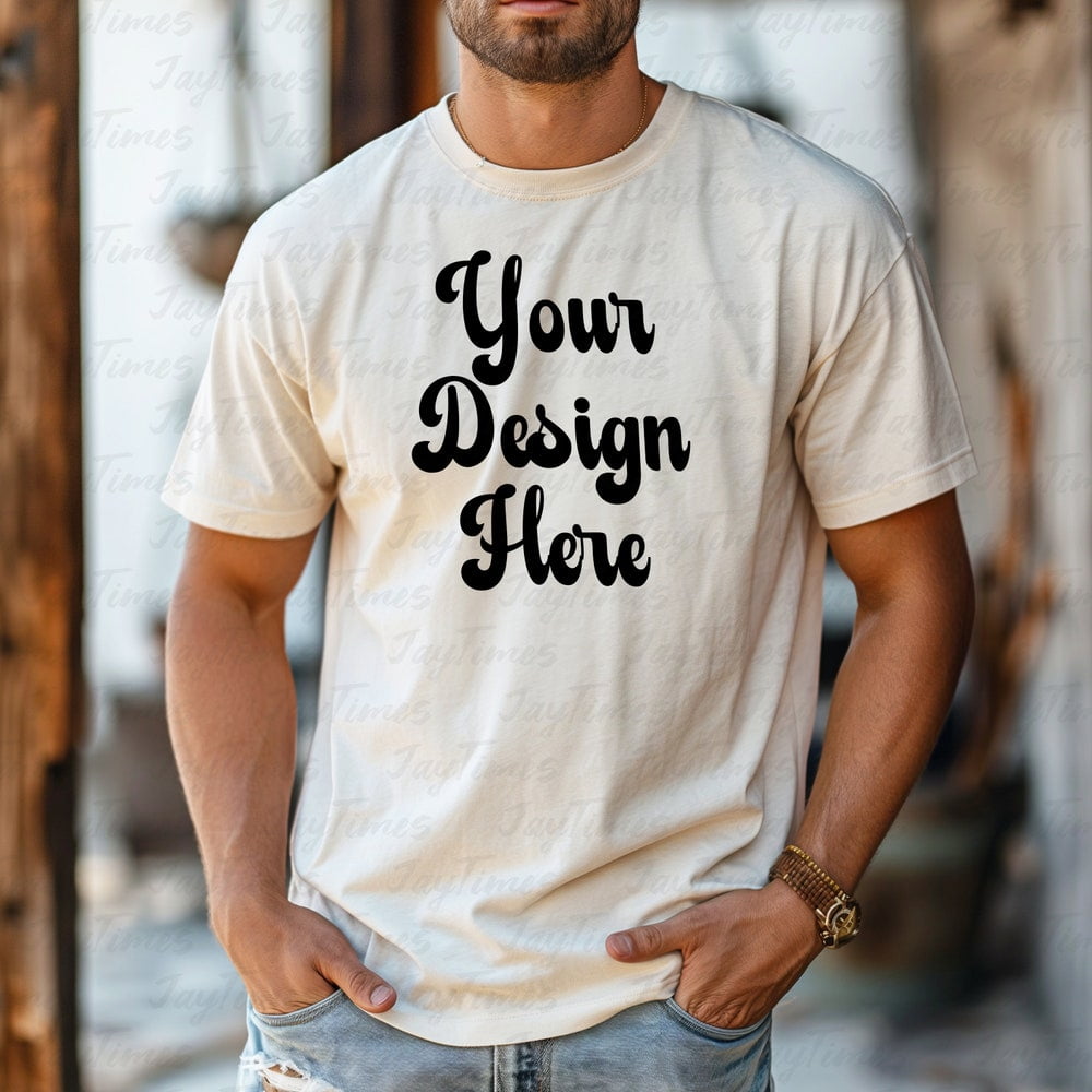 1717 Man Model Mockup Ivory Color Comfor Colors 1717 T-Shirt Mockup ...