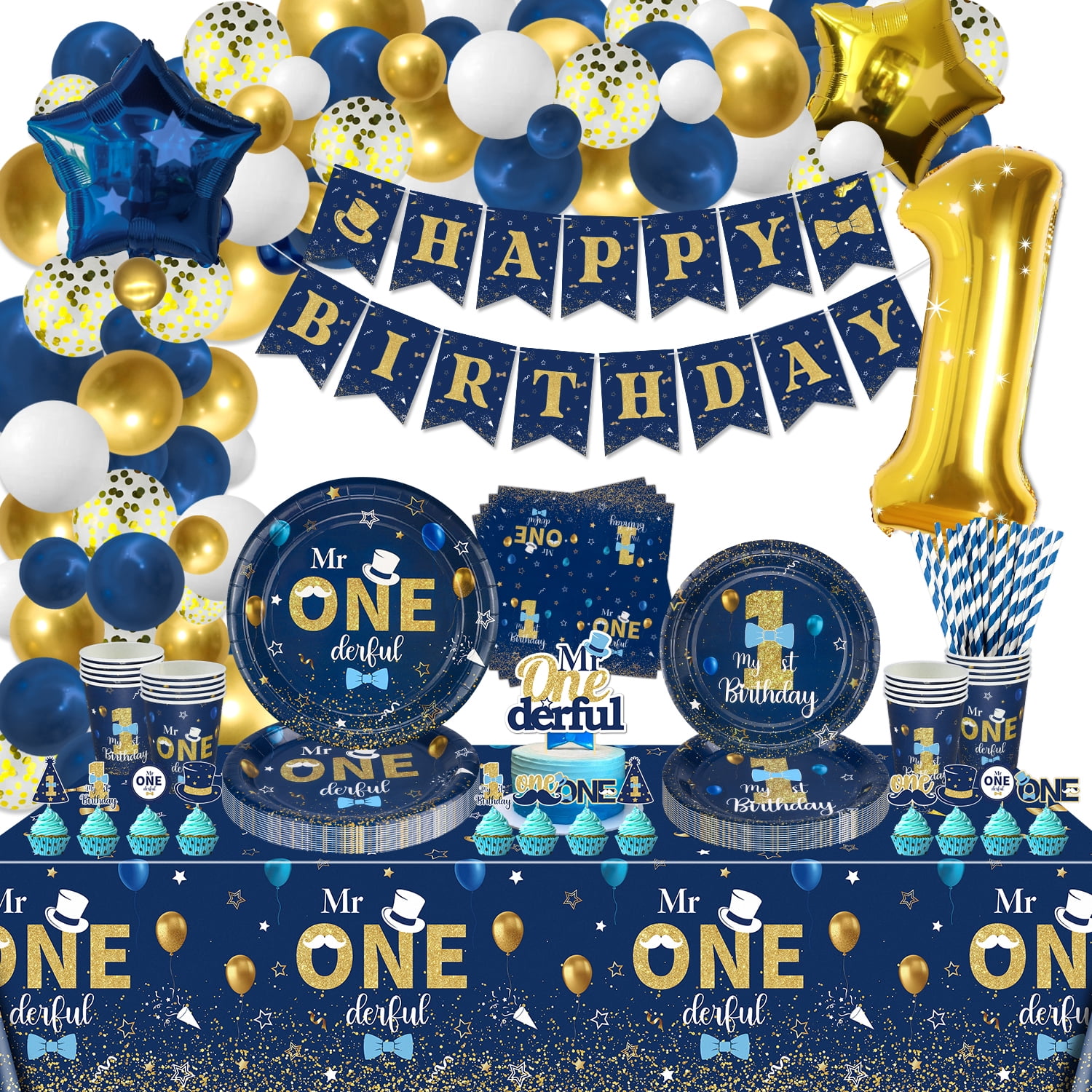 172 PCS Mr Onederful Birthday Decorations - Blue Gold Birthday Plates ...