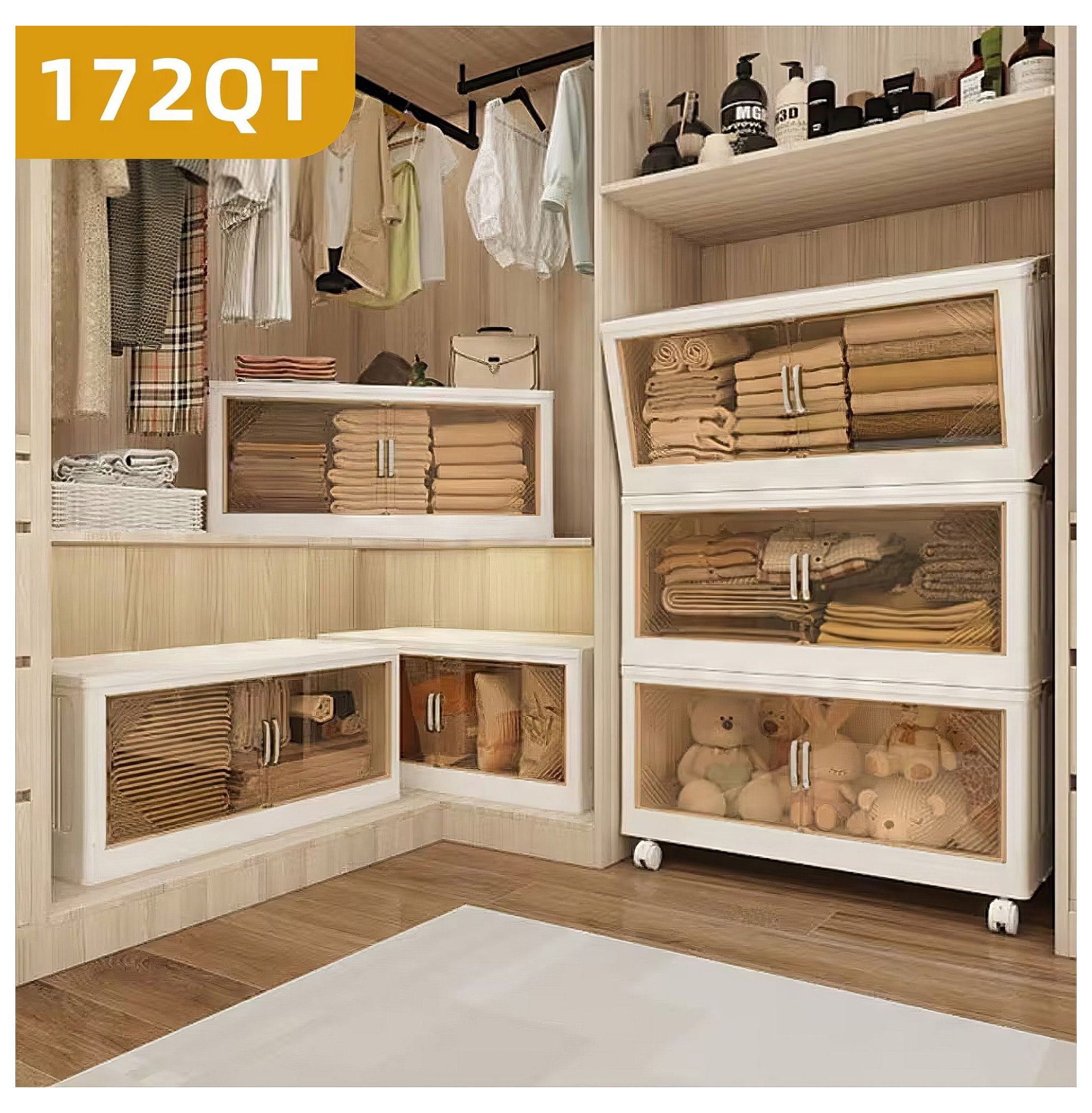 172 QT 21.6 Inch Wide Clear Door Foldable Storage Box – 3-Tier Large ...