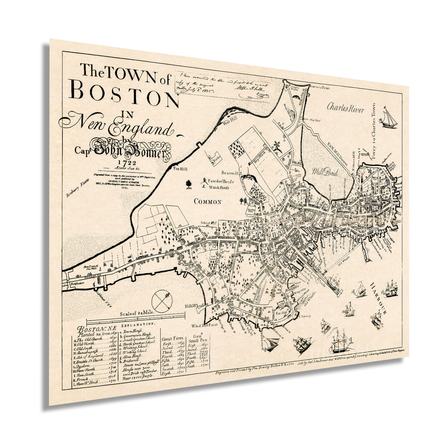 1722 Map of Boston Massachusetts - Vintage Map Wall Art of the Town of ...