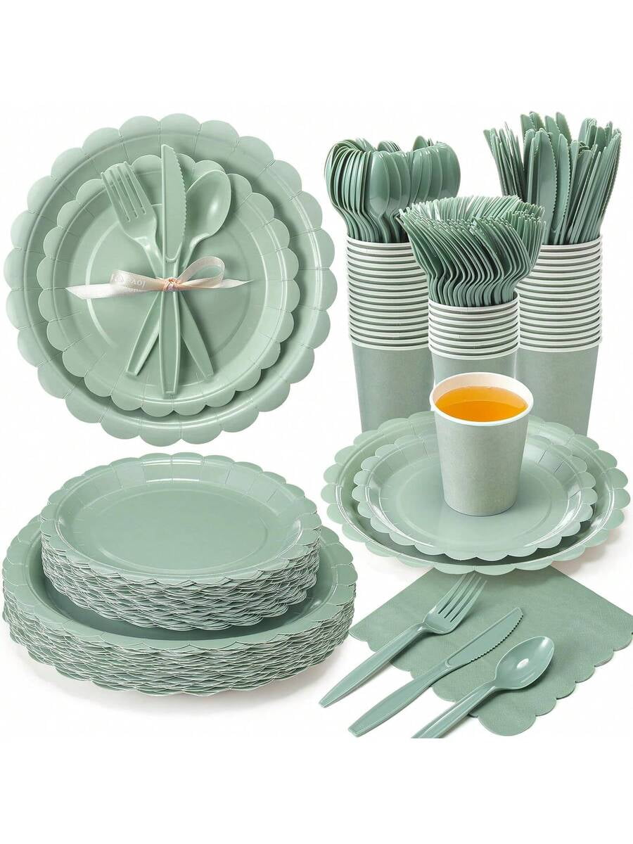 175/350-Piece Sage Green Disposable Party Tableware Set with Plates ...