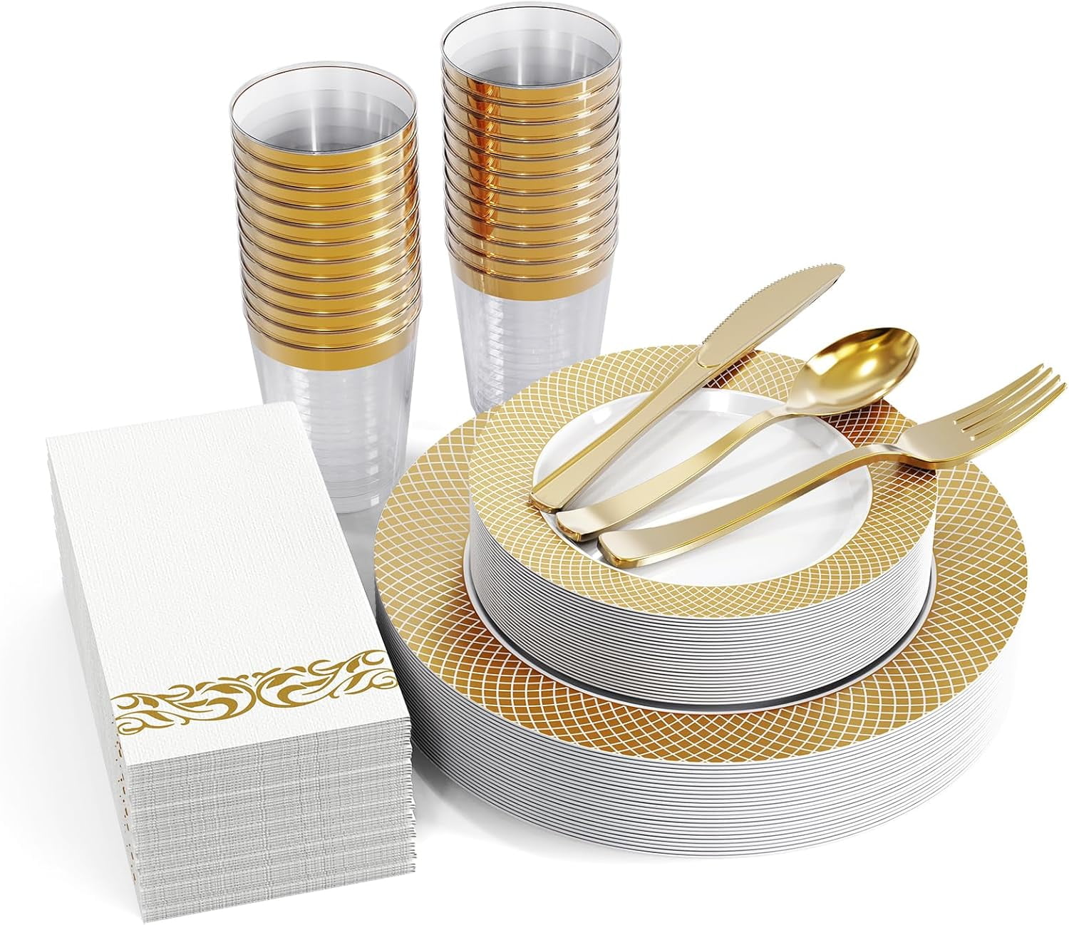 175 Count Gold Dinnerware Set for 25 Guests - Disposable Plastic Plates ...