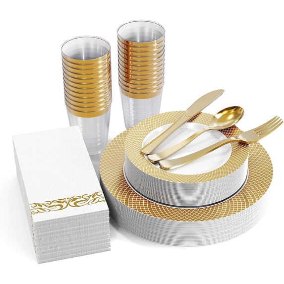 175 Count Gold Dinnerware Set for 25 Guests - Disposable Plastic Plates ...