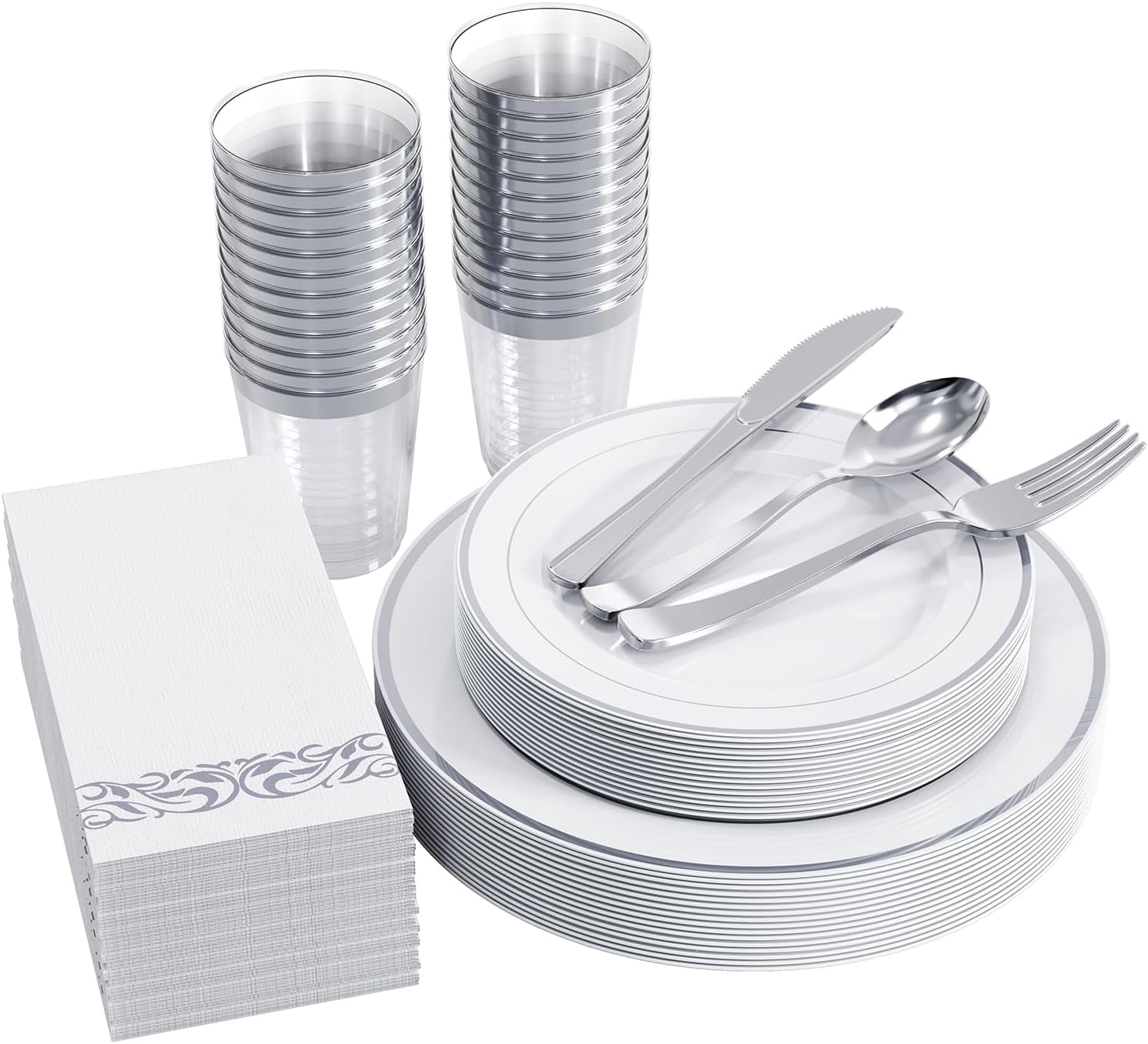 175 Count Silver Dinnerware Set for 25 Guests - Silver Rimmed ...
